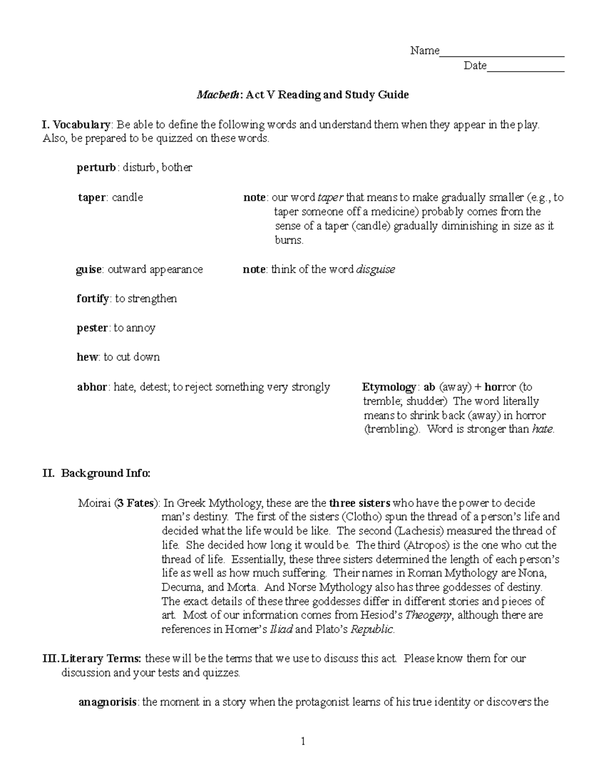 Macbeth Act 5 reading guide word - Name_____________________ Date ...