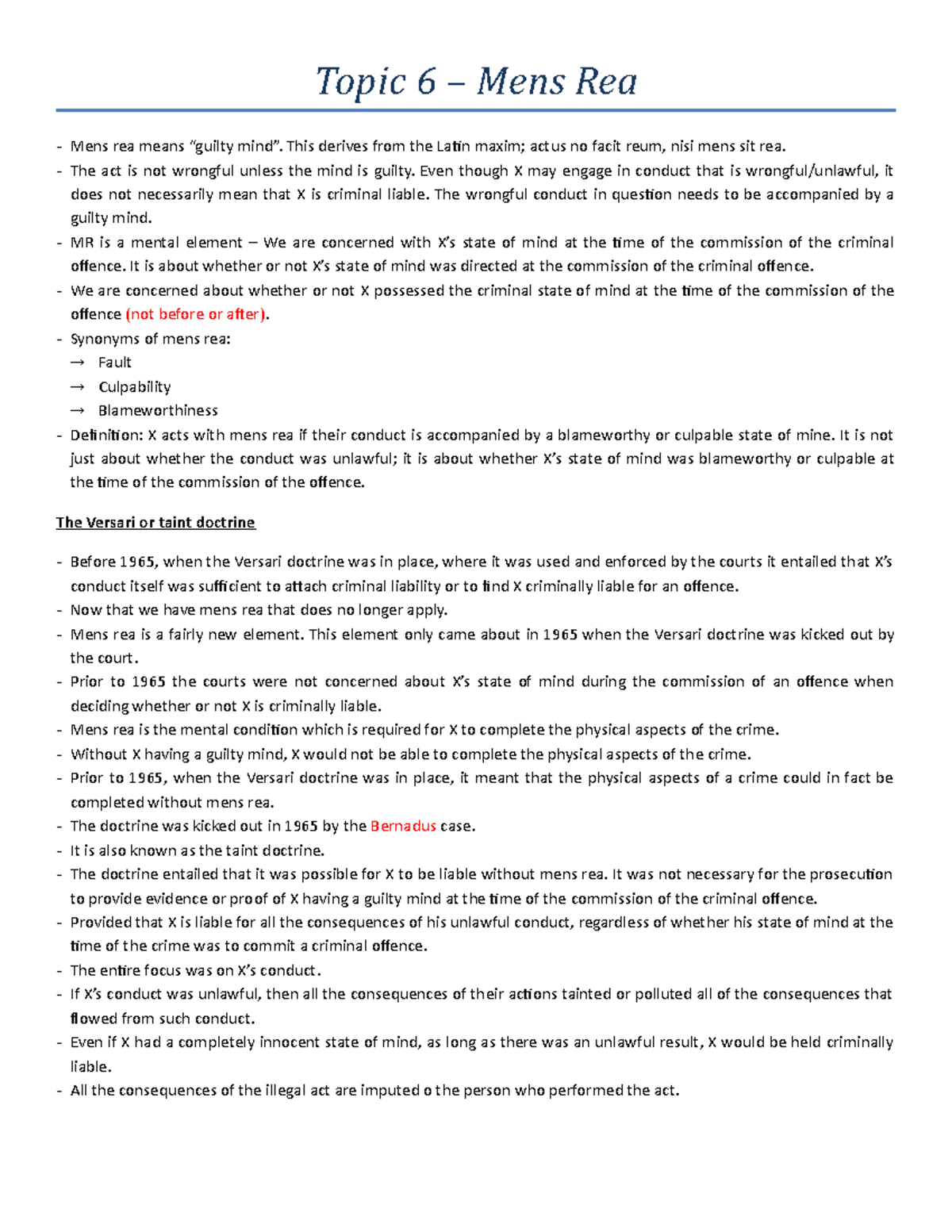 Topic 6 - Mens Rea - Contains the summary of lecture notes and case law ...