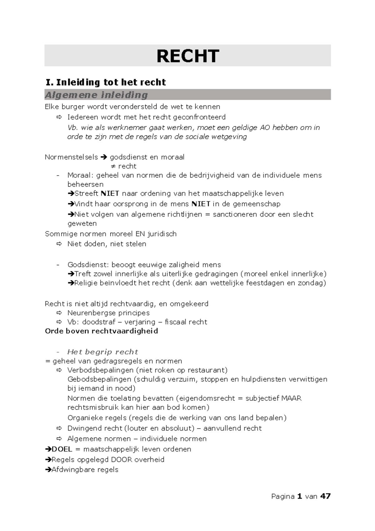 Samenvatting Recht - RECHT I. Inleiding tot het recht Algemene ...