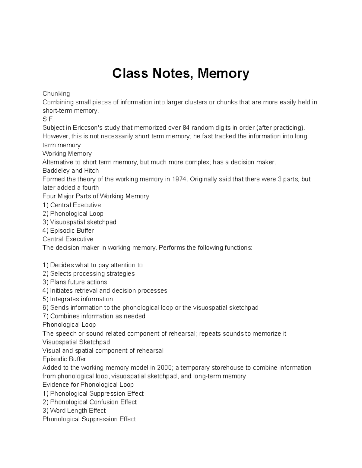 Class Notes, Memory - Lecture notes 9 - Class Notes, Memory Chunking ...