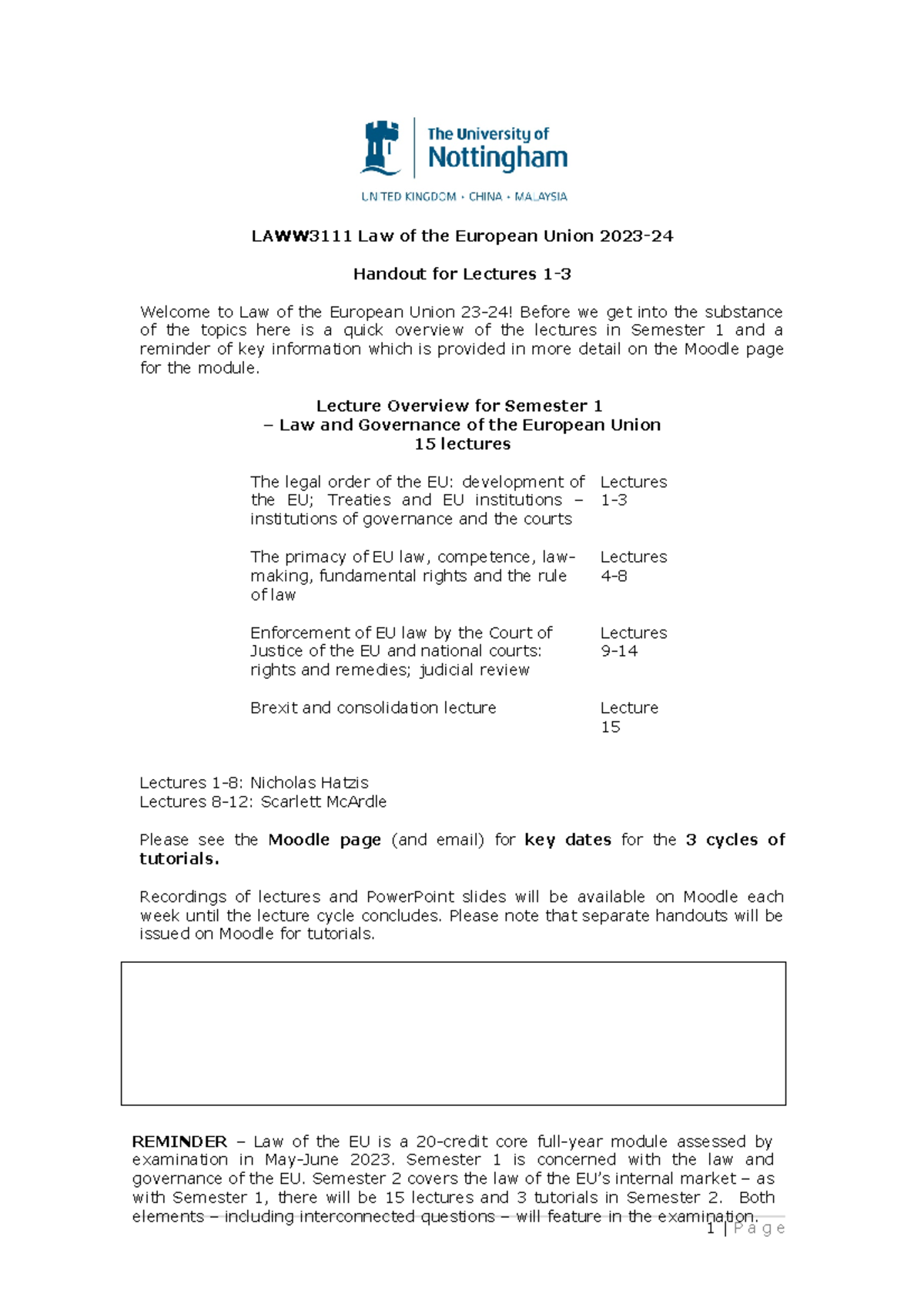 Lectures 1 and 3 - LAWW3111 Law of the European Union 2023- Handout for Lectures 1- Welcome to ...