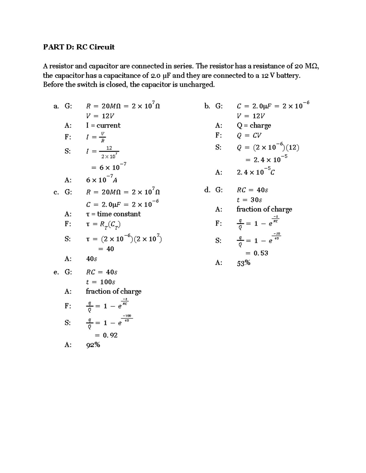 PART D RC Circuit - chemistry problems and solution - PART D: RC ...