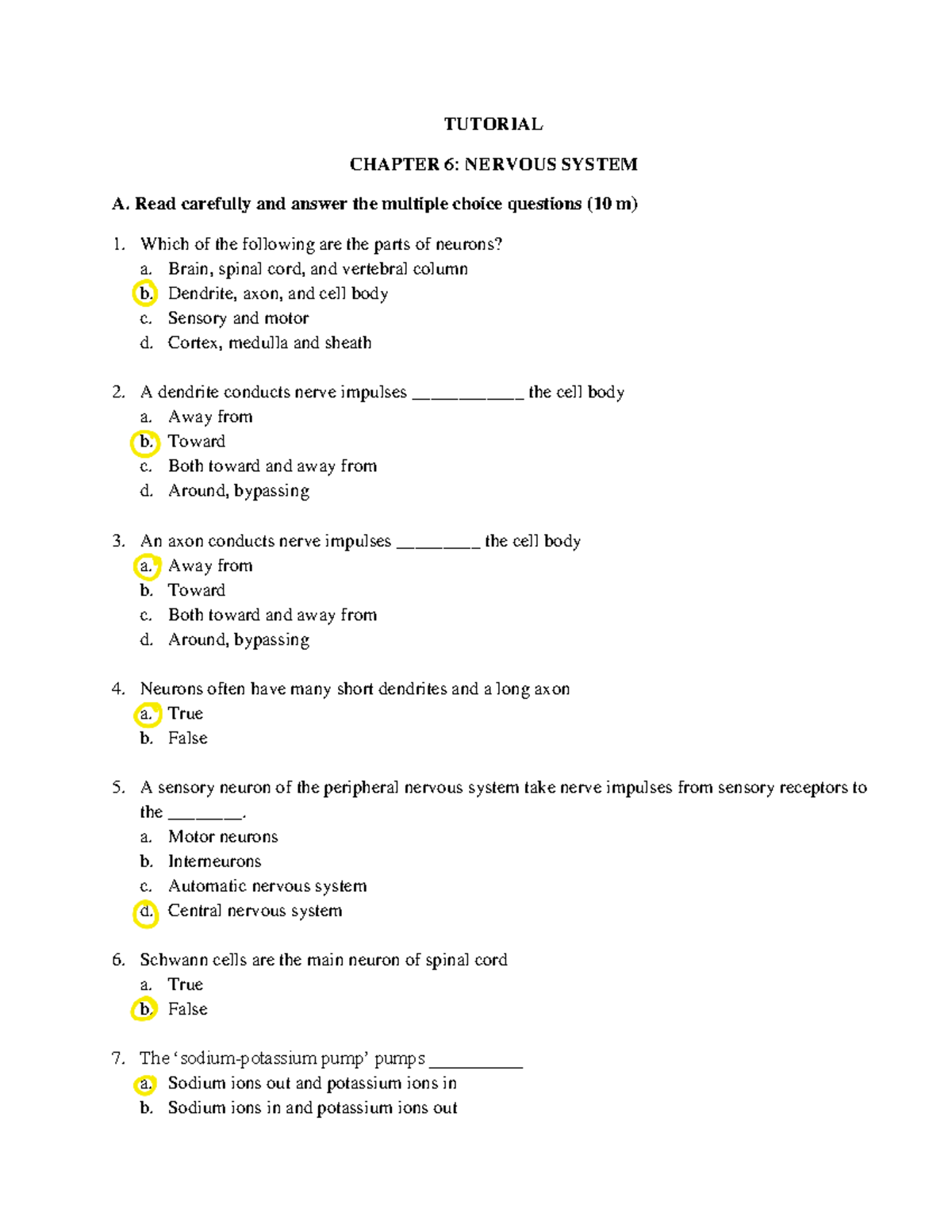 Tutorial 6 Bio270 - TUTORIAL CHAPTER 6: NERVOUS SYSTEM A. Read ...