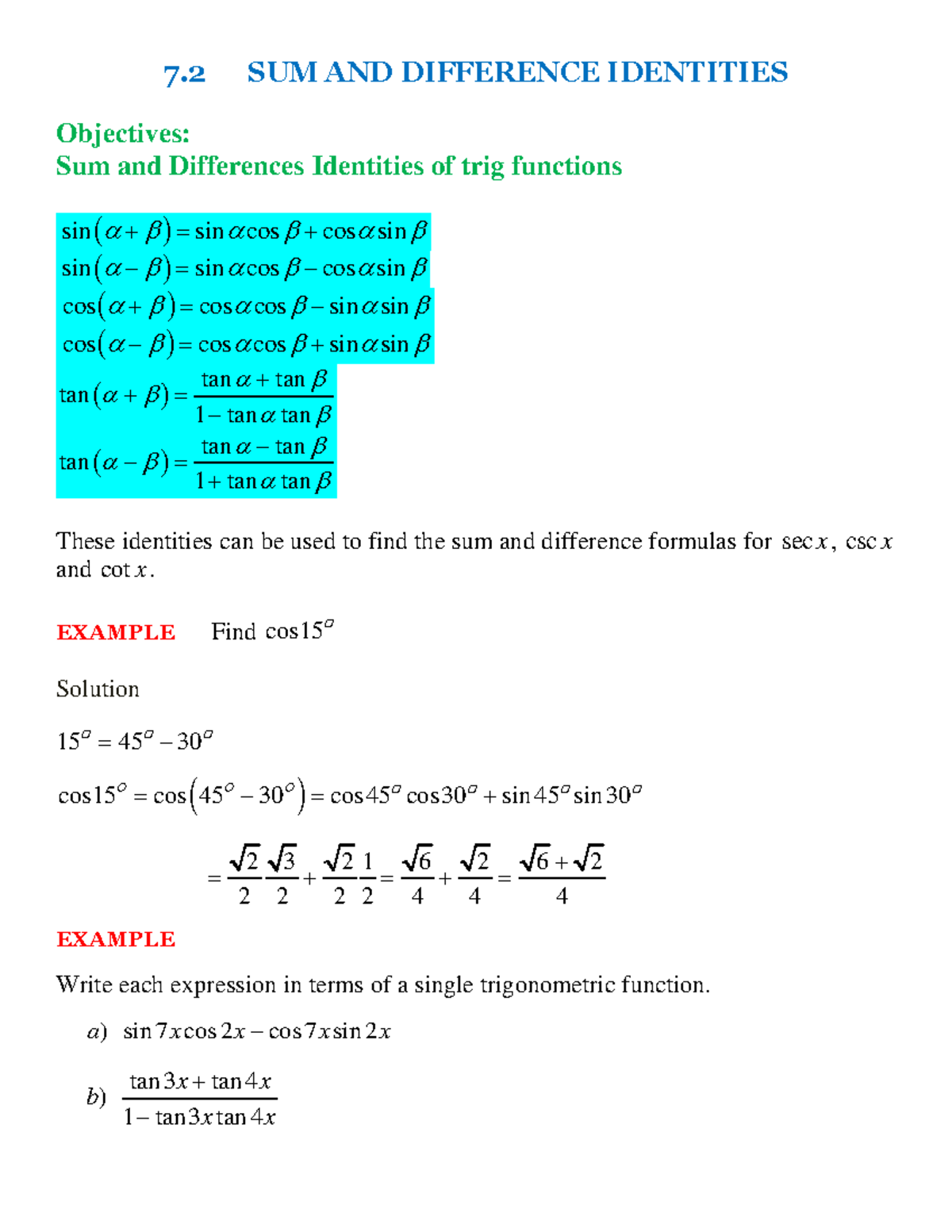 7 - Lecture notes 7.2 - 7 SUM AND DIFFERENCE IDENTITIES Objectives: Sum ...
