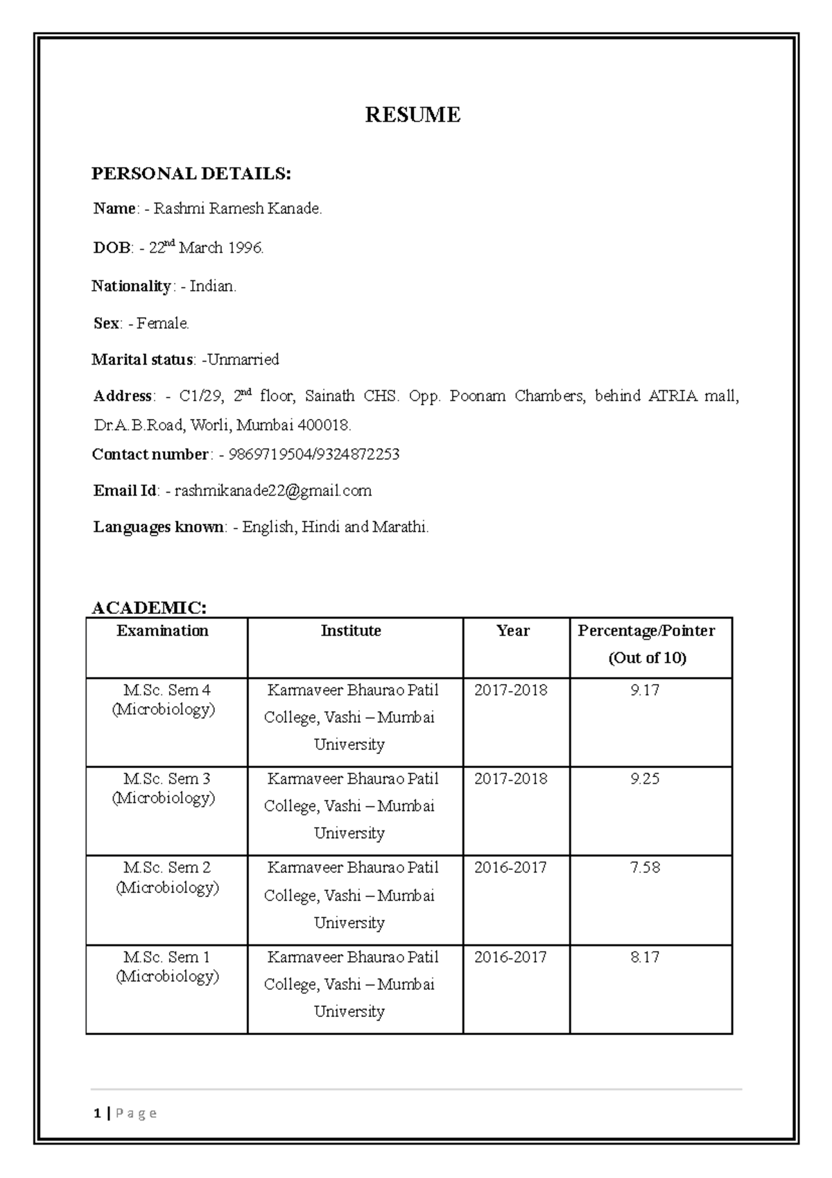 Rashmikanade 22 Resume - RESUME PERSONAL DETAILS: Name : - Rashmi ...