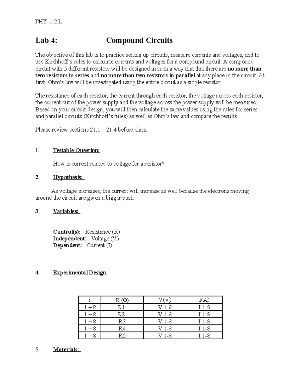 Phy112l - lab4 compound circuits - Lab 4: Compound Circuits The ...