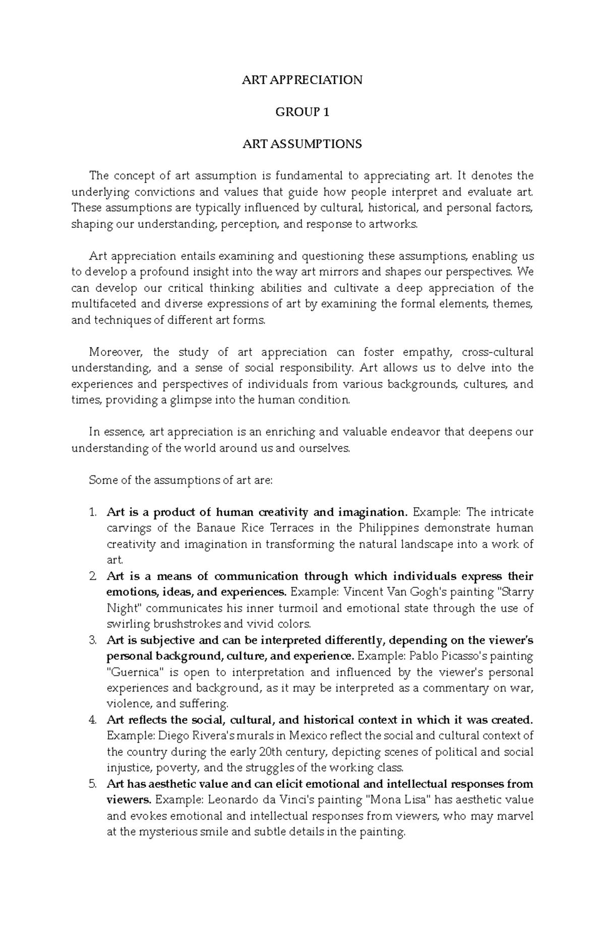 ART- Appreciation Art Assumptions - ART APPRECIATION GROUP 1 ART ASSUMPTIONS The concept of art ...