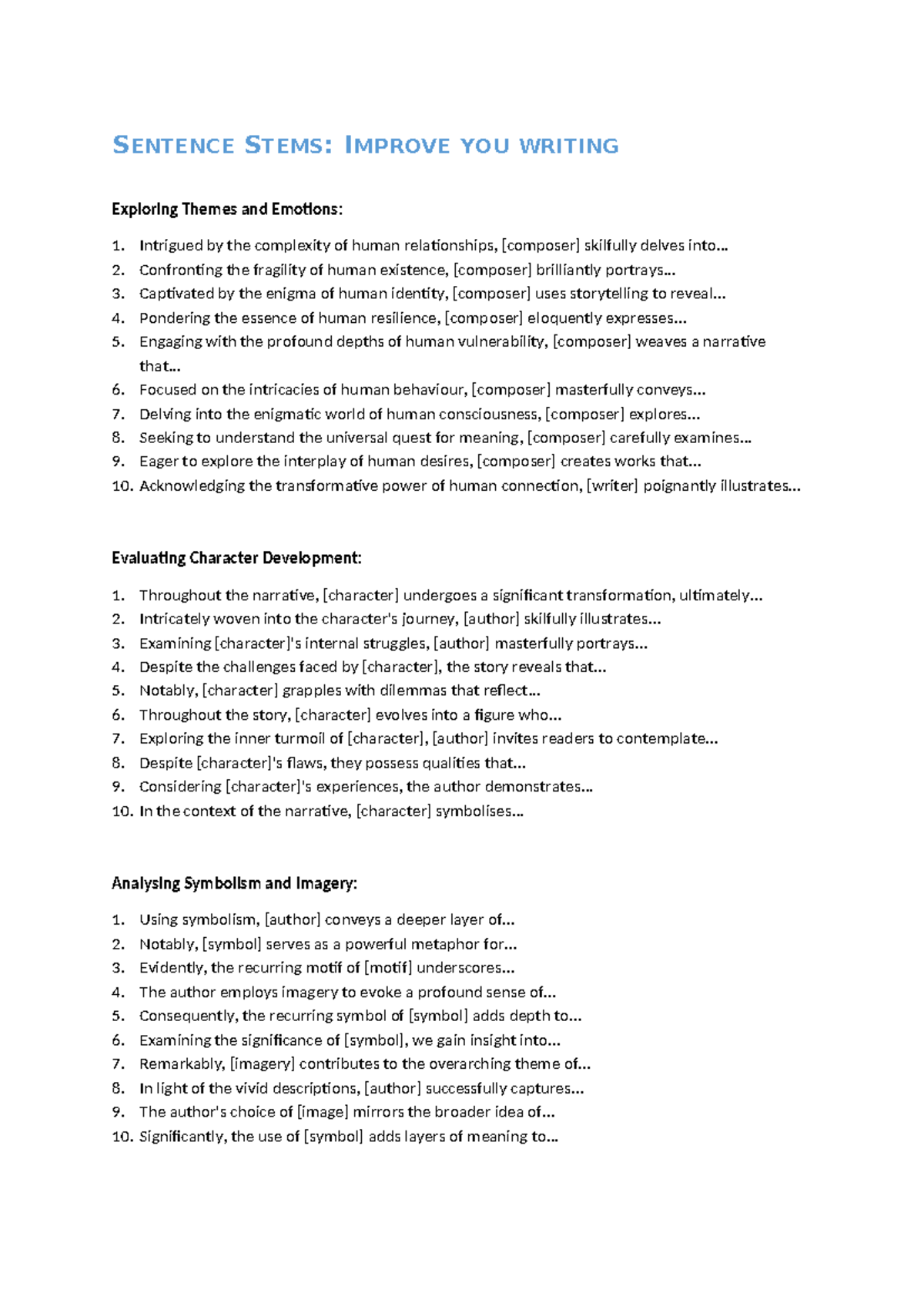 Sentence Stems Improve you writing - SENTENCE STEMS: IMPROVE YOU ...