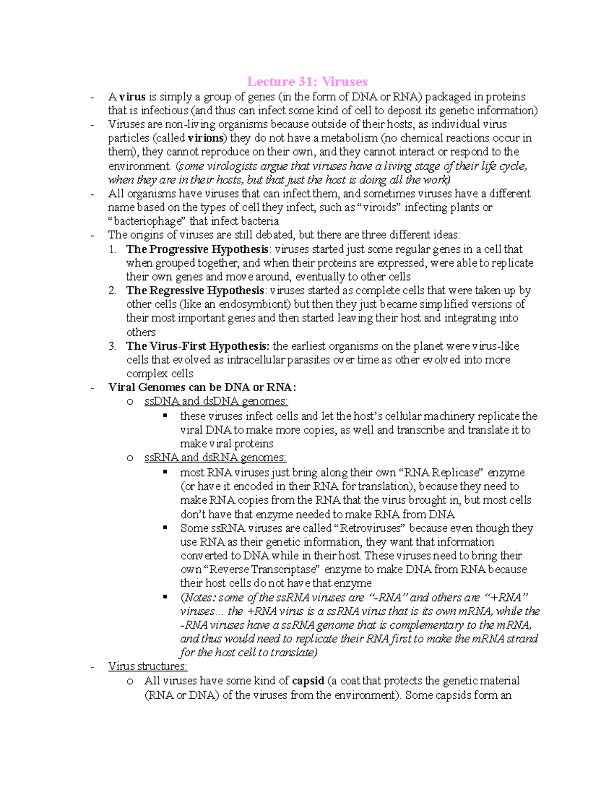 BIO107 Exam 4 Summary Notes - Lecture 31: Viruses A virus is simply a ...