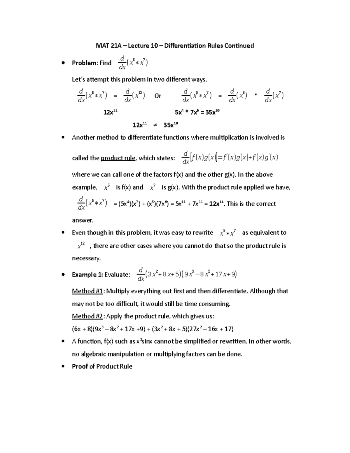 MAT 21A – Lecture 10 – Differentiation Rules Continued - MAT 21A ...