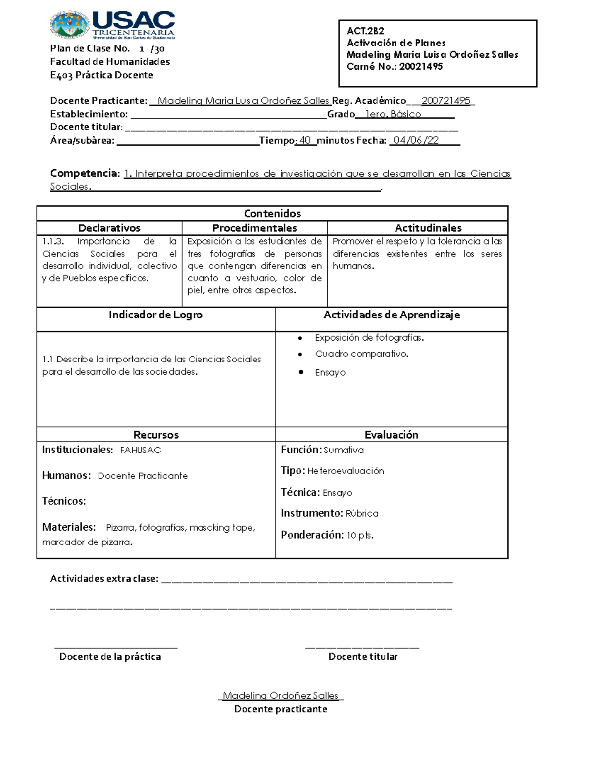 ACT.2B2 Activiación de Planes - Plan de Clase No. 1 / Facultad de ...