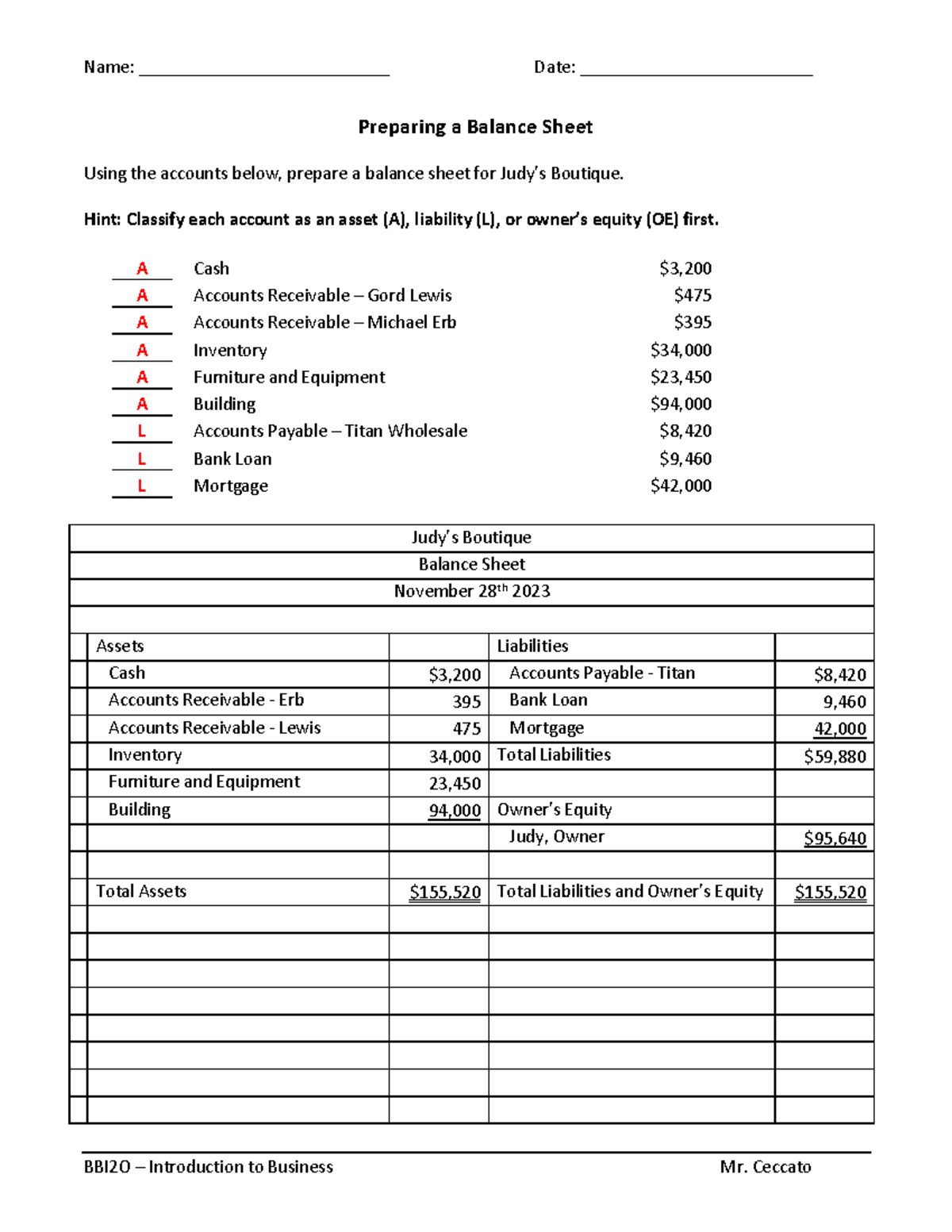 Balance Sheet Example - Name: ___________________________ Date