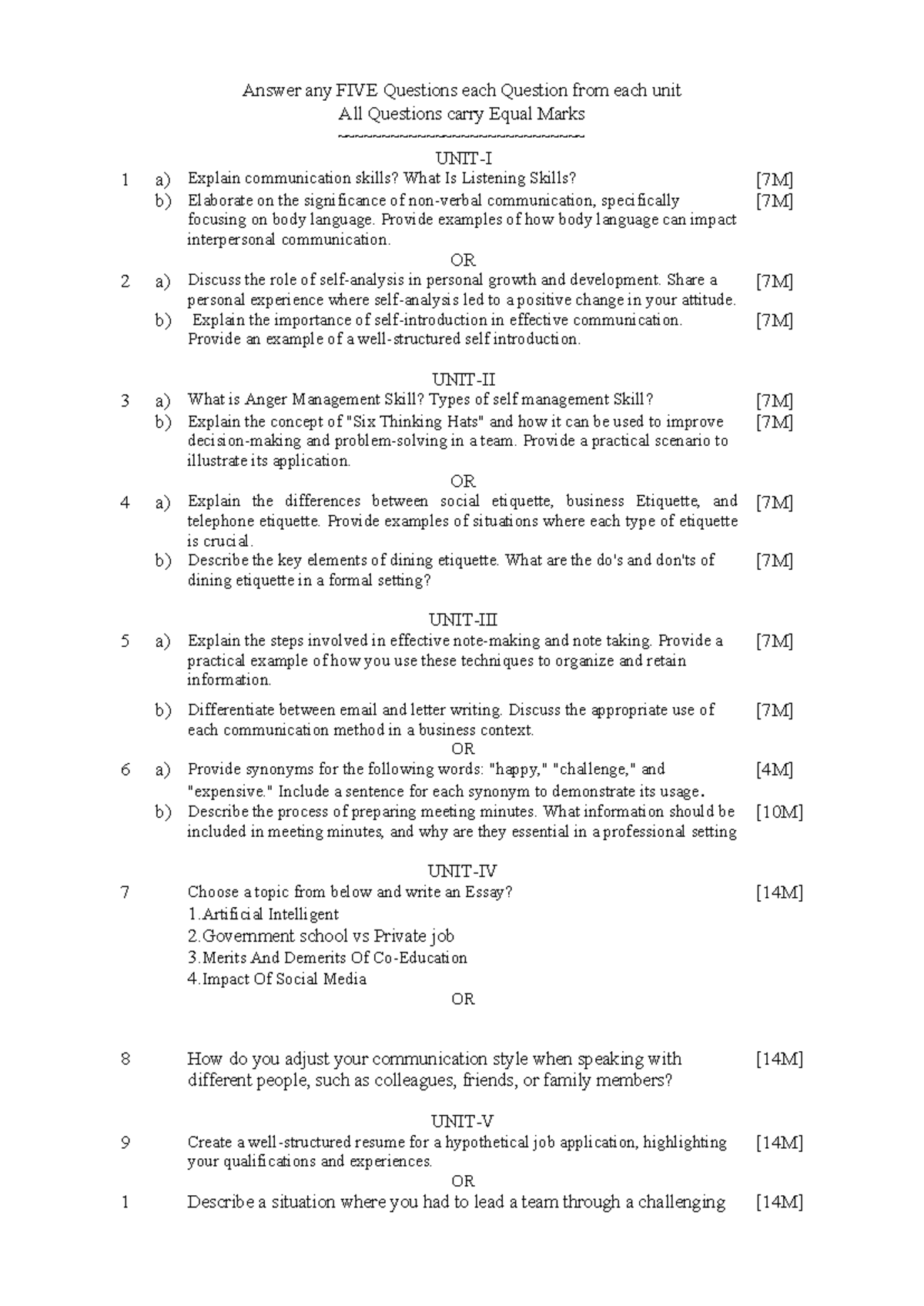 Employability Skills-I - Answer any FIVE Questions each Question from ...