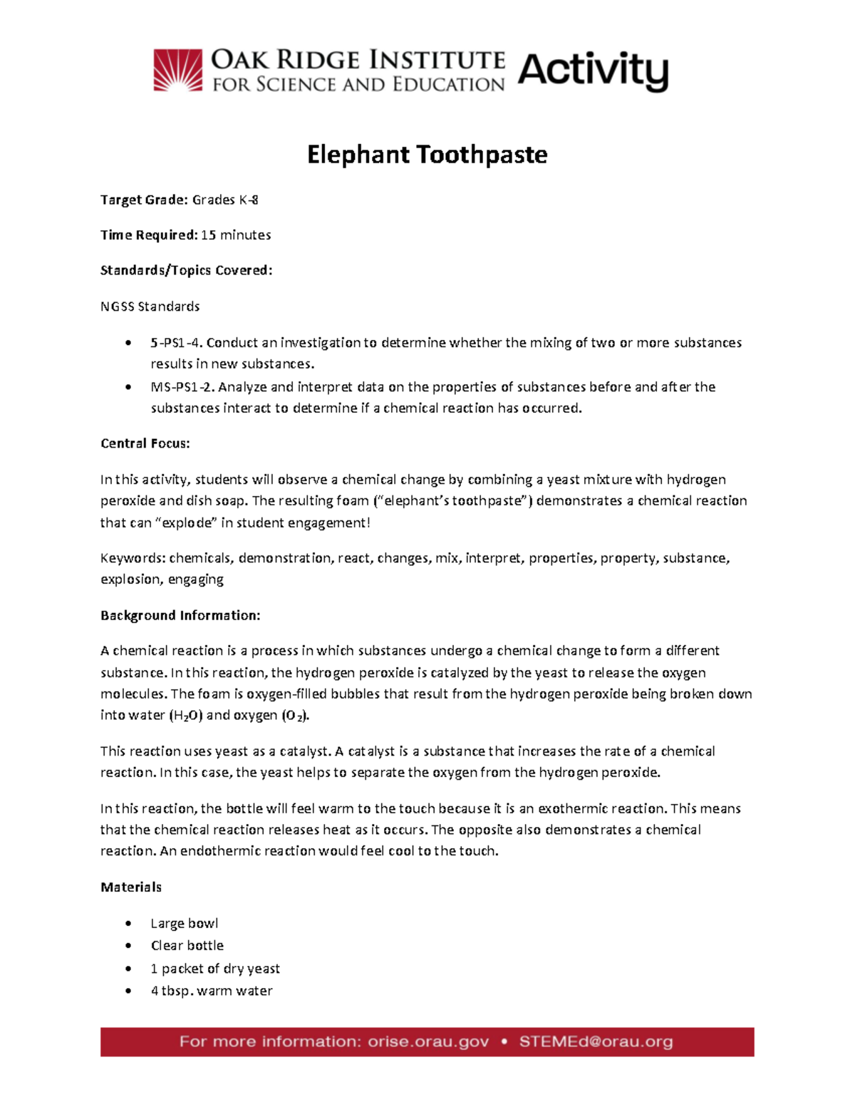 Elephant-toothpaste - Elephant Toothpaste Target Grade: Grades K- 8 ...