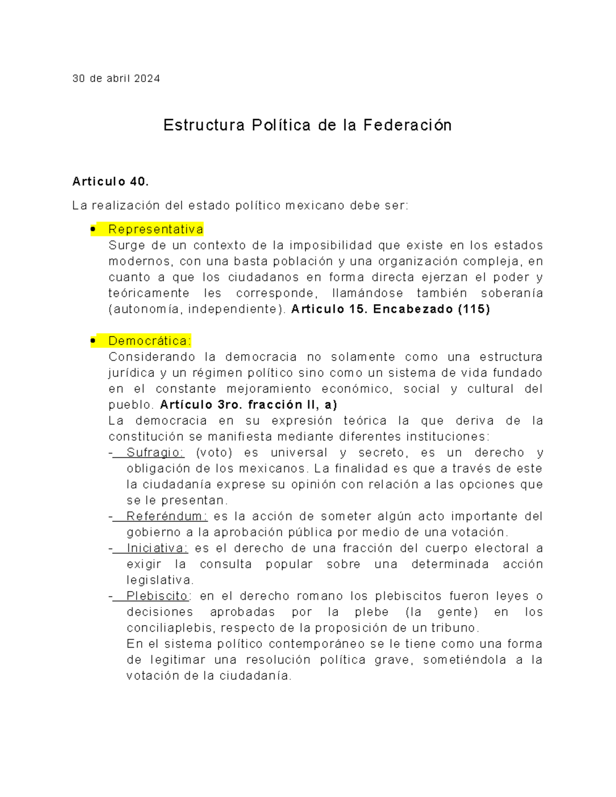 Derecho Constitucional - 30 de ab ril 2 02 4 Estructura Política de la ...