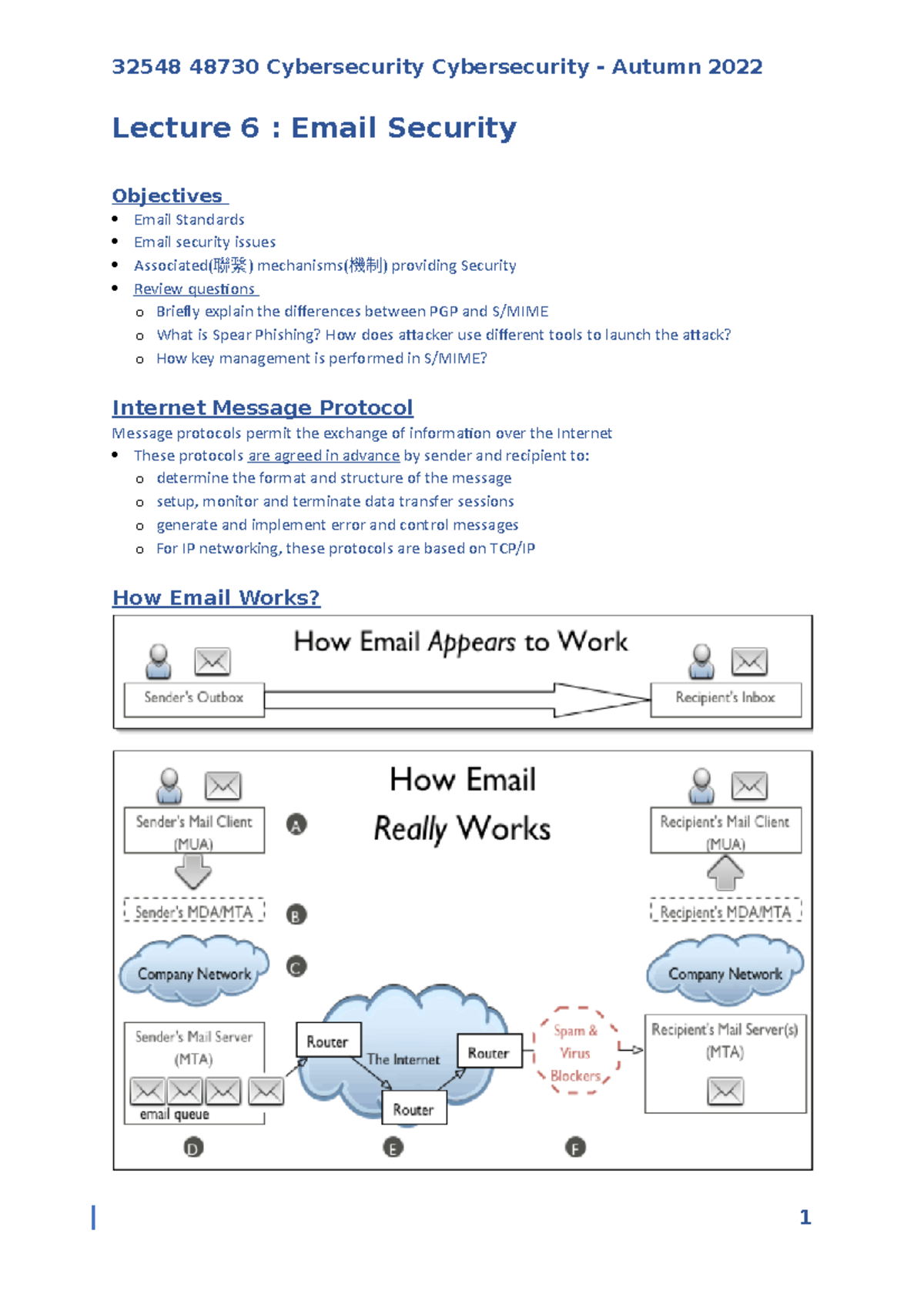 Lecture 6 Note - Lecture 6 : Email Security Objectives Email Standards ...