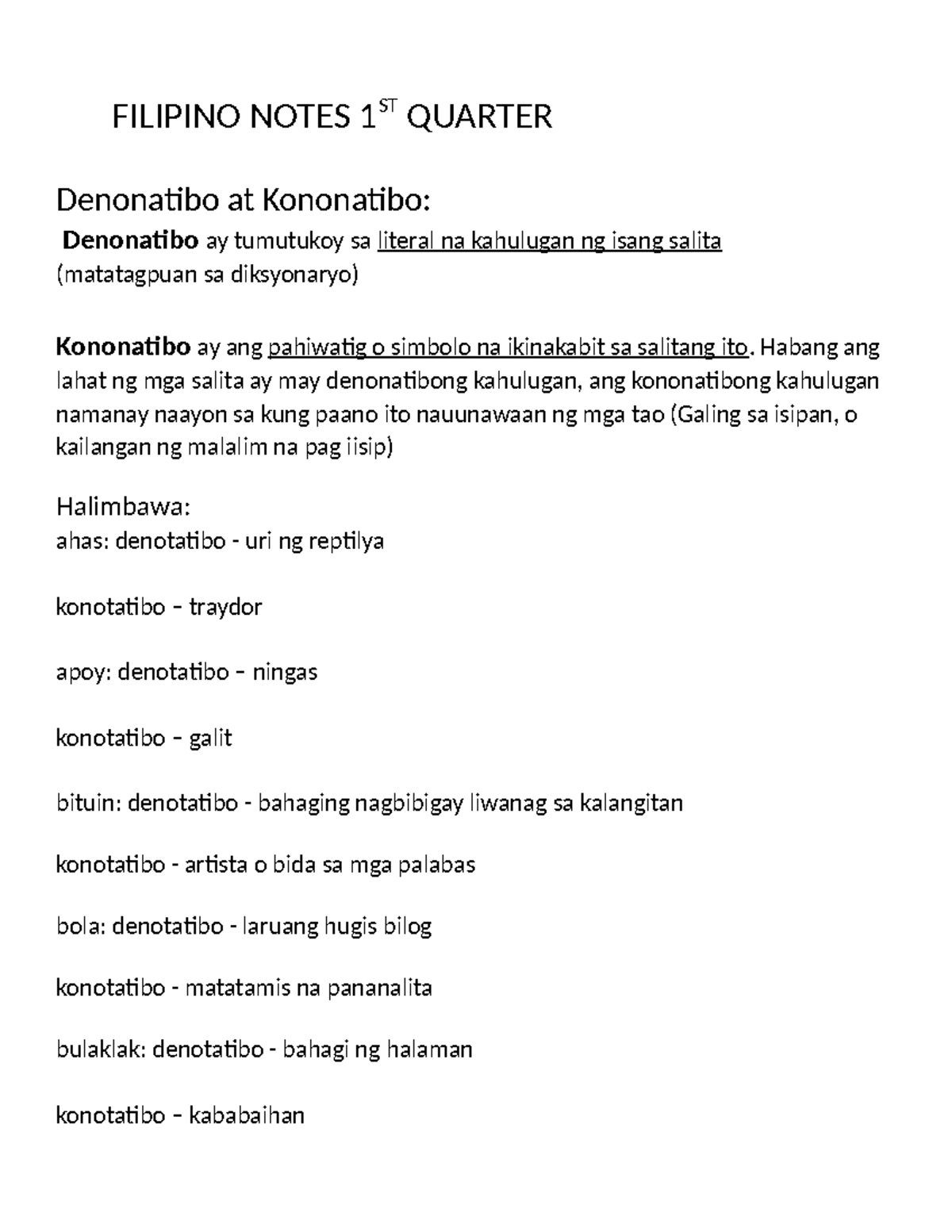 Filipino Notes 1ST Quarter - FILIPINO NOTES 1 ST QUARTER Denonatibo at ...
