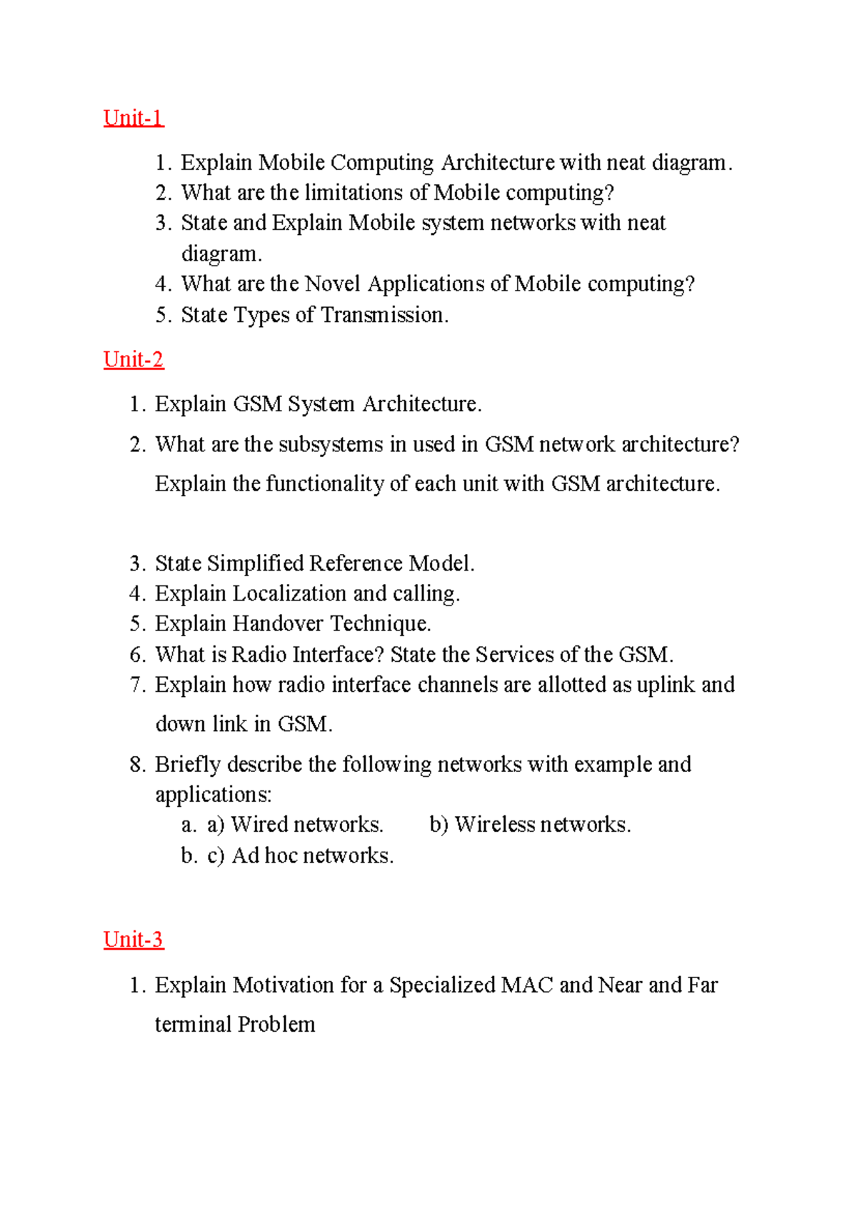 Unit Wise Questions Unit 123 1 Unit 1 Explain Mobile Computing Architecture With Neat