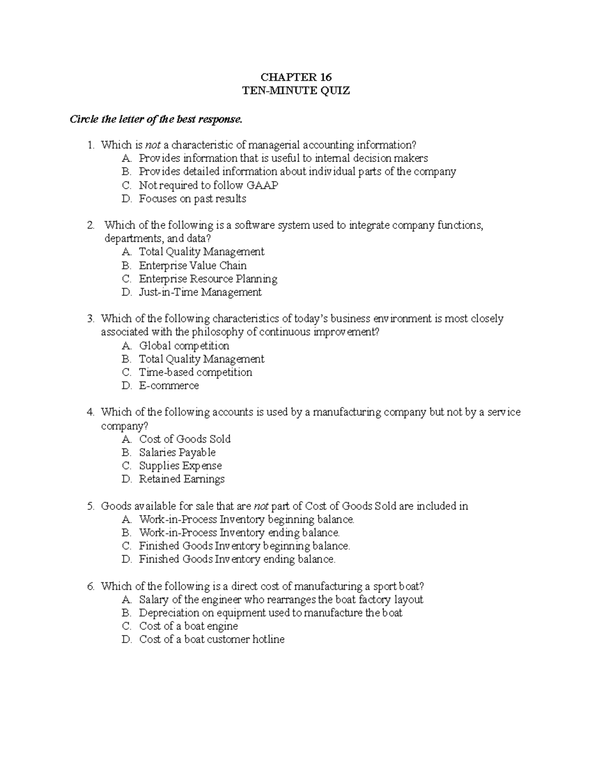 Chapter 16 quiz with solutions - CHAPTER 16 TEN-MINUTE QUIZ Circle the ...
