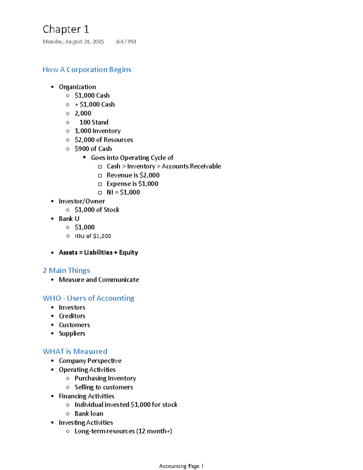 Accounting - Lecture notes All - Chapter 1 Monday, August 24, 2015 6:47 ...