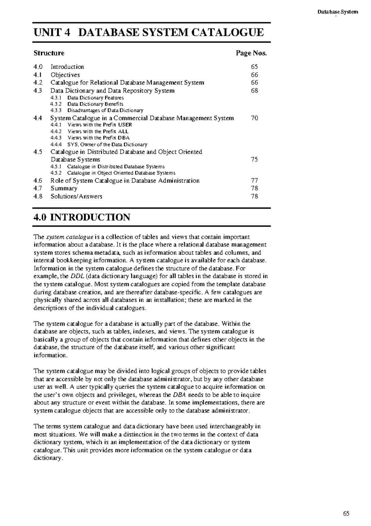 Block-1 MS-043 Unit-1 - material of MCS-043 - Database System Catalogue UNIT 4 DATABASE SYSTEM ...