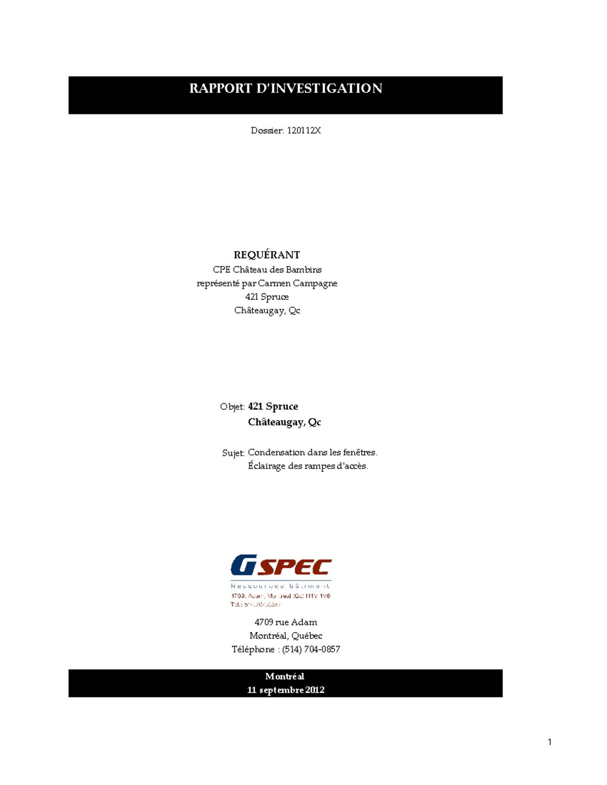 Exemple de rapport d'investigation - Objet: Châteaugay, Qc Sujet ...