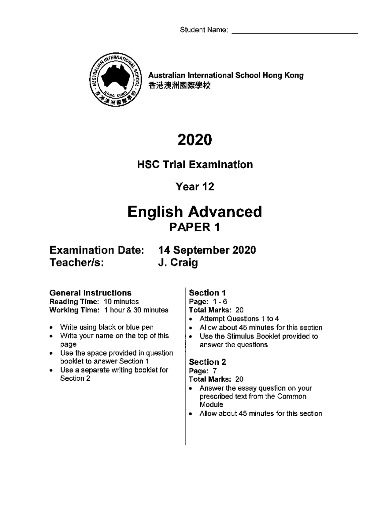 Aishk 2020 Advanced Paper 1 Trial Exam - Student Name: INTERNATIONAL ...