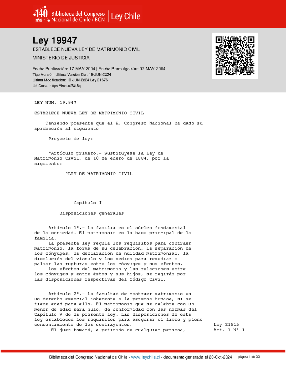 LEY-19947 17-MAY-2004 - Ley 19947 ESTABLECE NUEVA LEY DE MATRIMONIO ...