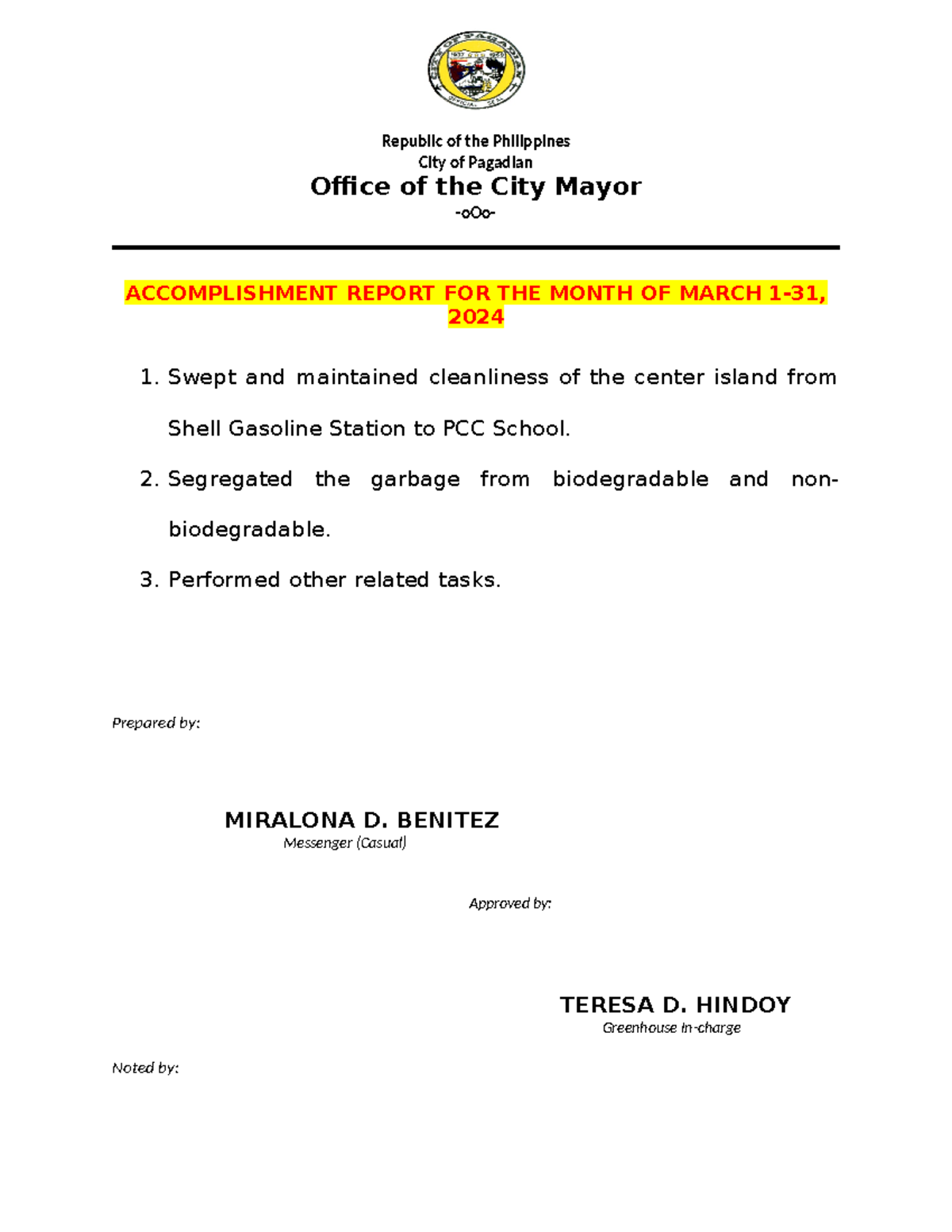 Carpentero et al. Accomplishment - Republic of the Philippines City of ...