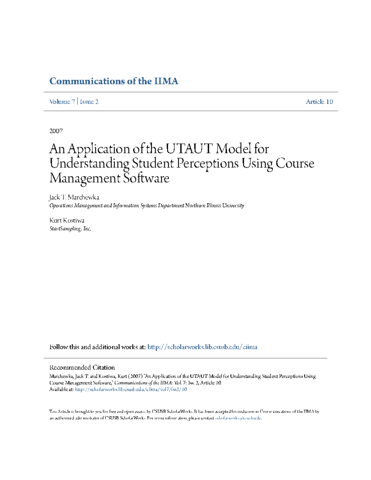 Utaut - test instrumtns - Communications of the IIMA Volume 7 | Issue 2 ...