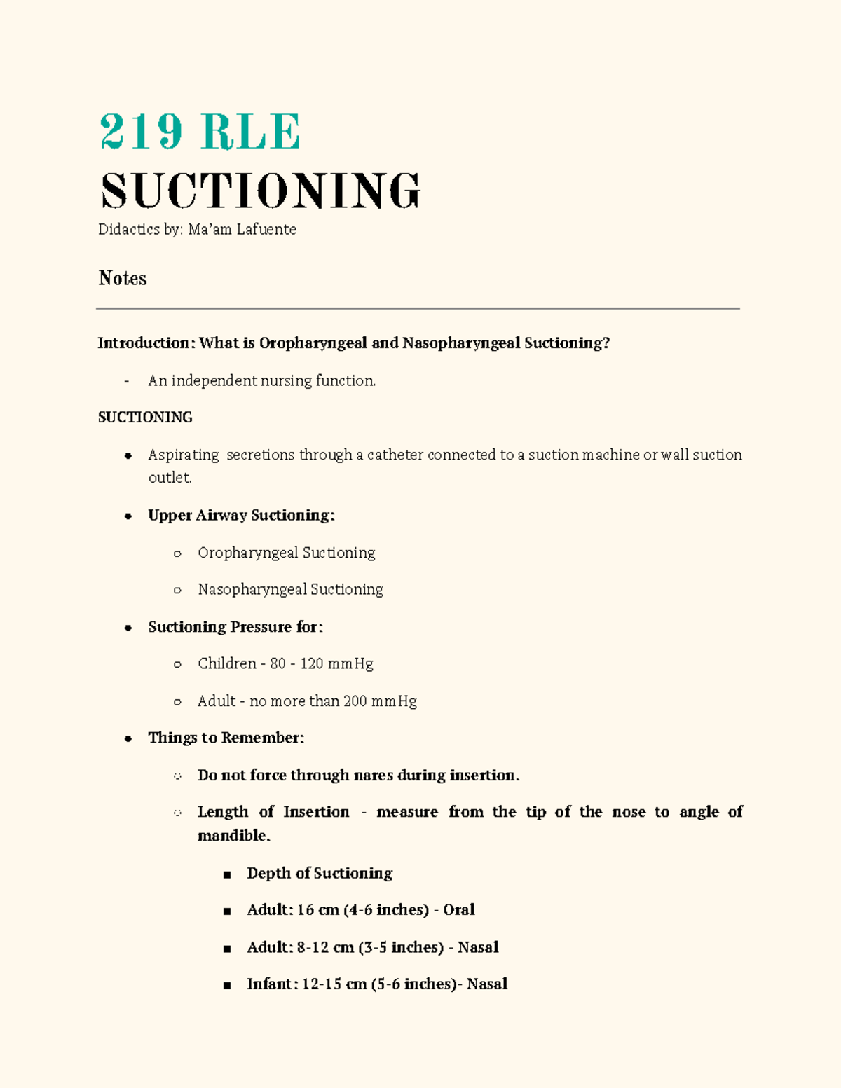 219 RLE Suctioning Notes - 219 RLE SUCTIONING Didactics by: Ma’am ...