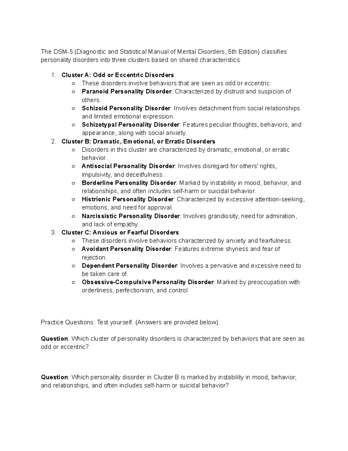 Personality Disorders Summary and Practical Questions (The DSM-5) - The ...