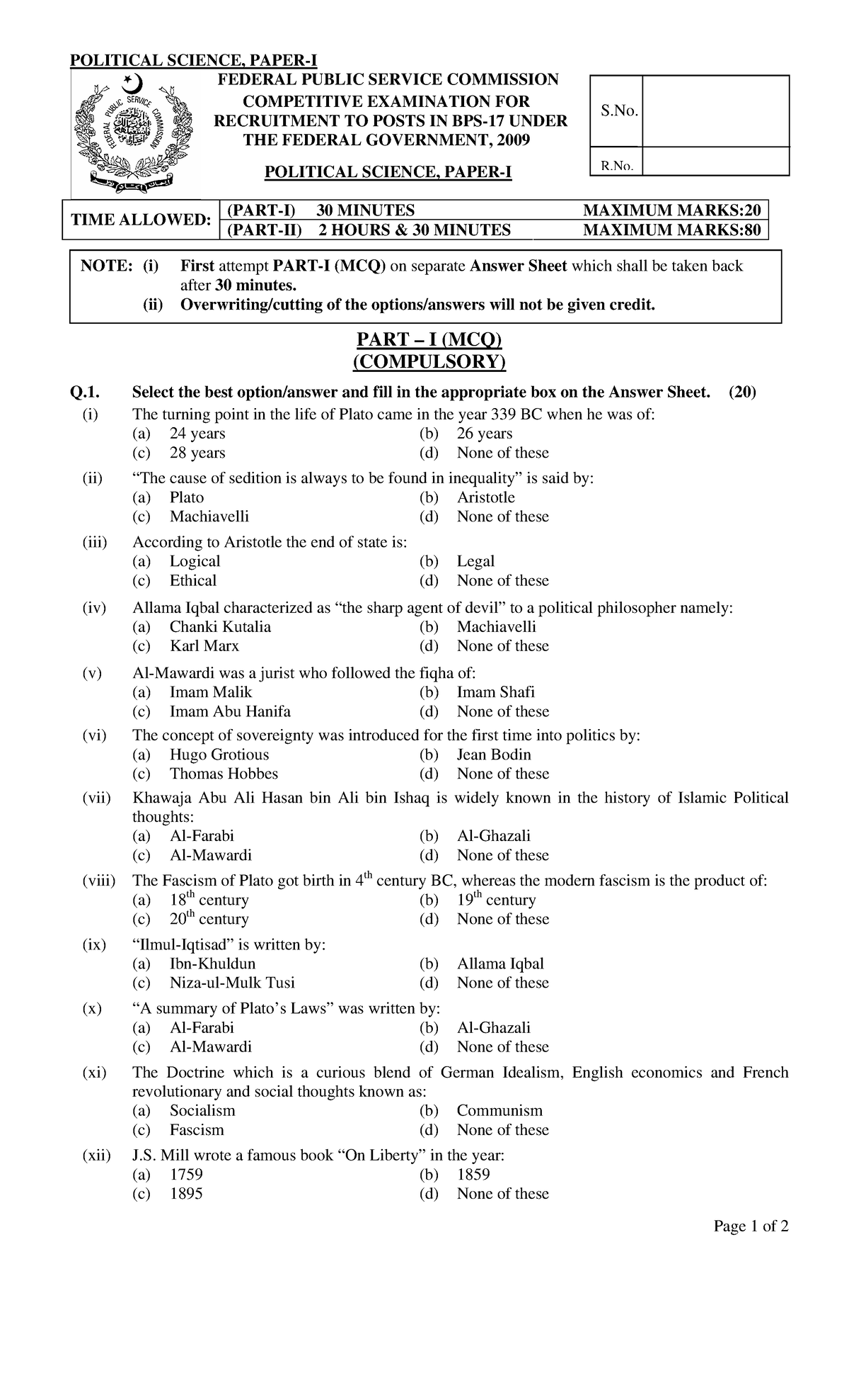 Political Science - 2009 - POLITICAL SCIENCE, PAPER-I FEDERAL PUBLIC ...