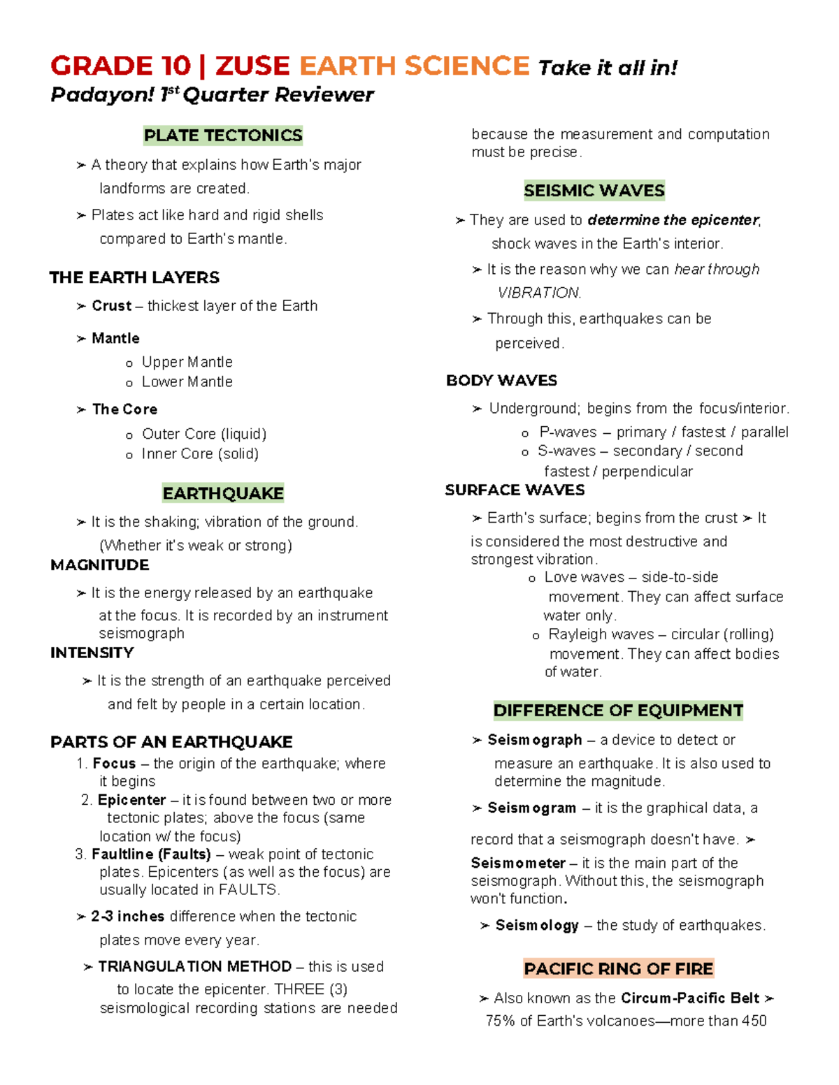 Science 10 - 1st Quarter Reviewer - GRADE 10 | ZUSE EARTH SCIENCE Take ...