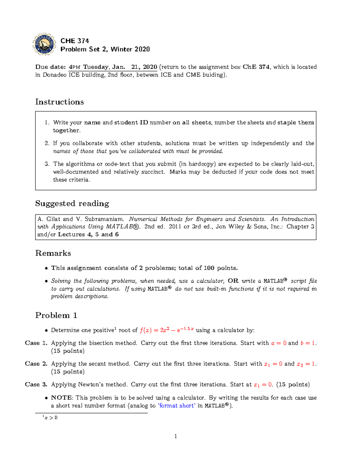 Pset2 - ch e 374 - CHE 374 Problem Set 2, Winter 2020 Due date ...