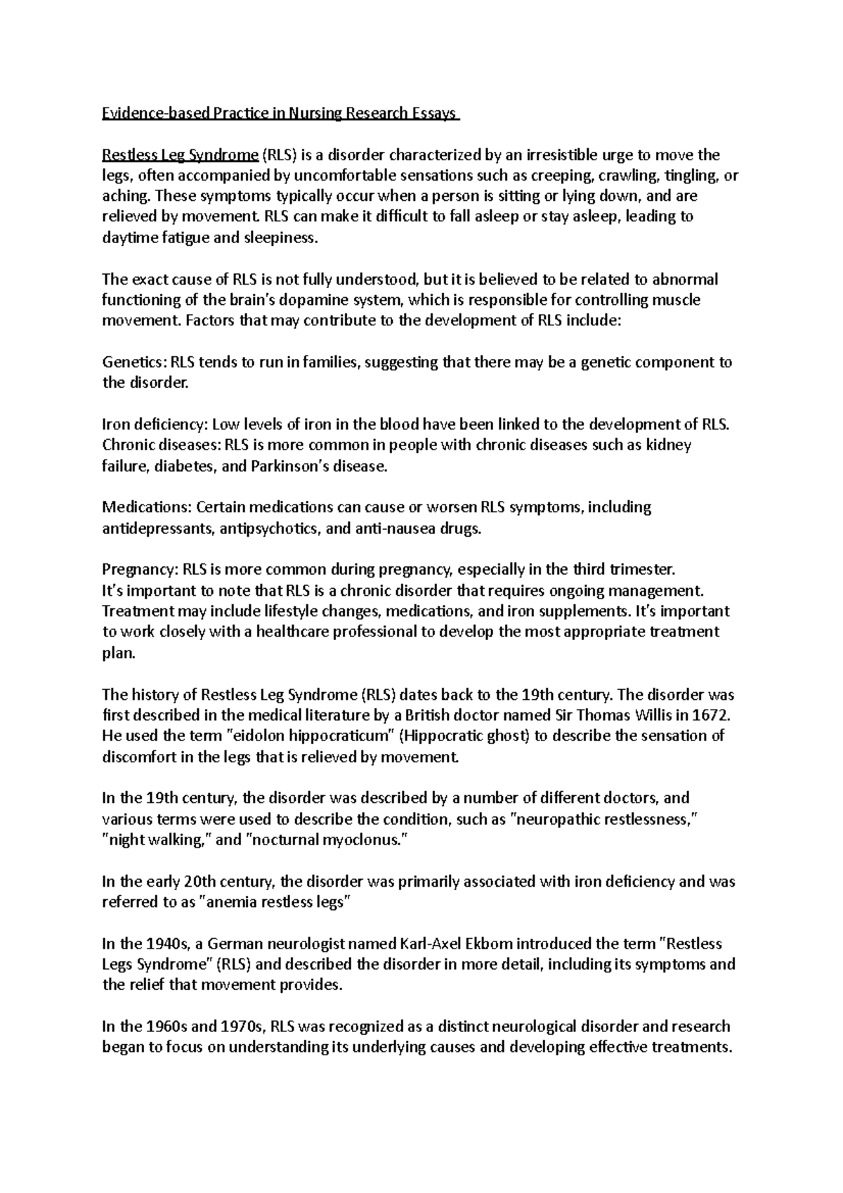 Evidence-based Practice in Nursing Research Essays Restless Leg ...