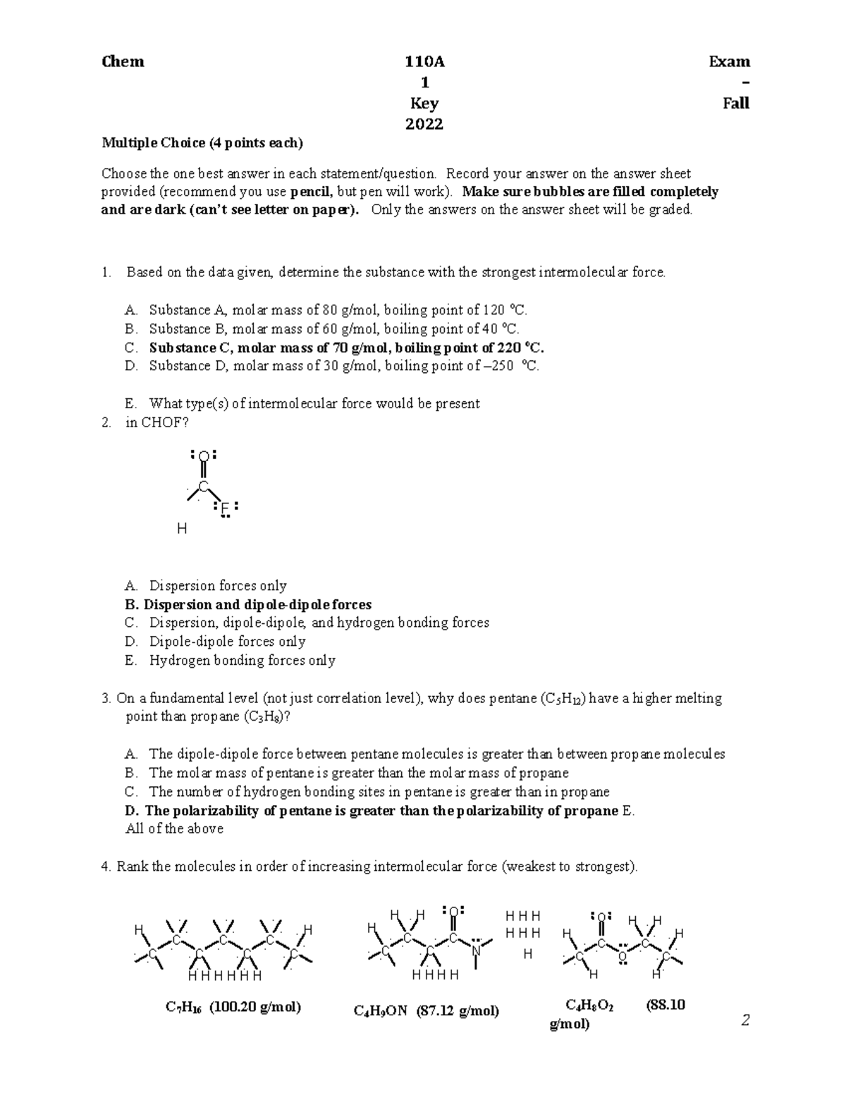Exam1 110 Fa22 Key - chem - 1 – Key Fall 2022 Multiple Choice (4 points each) Choose the one ...