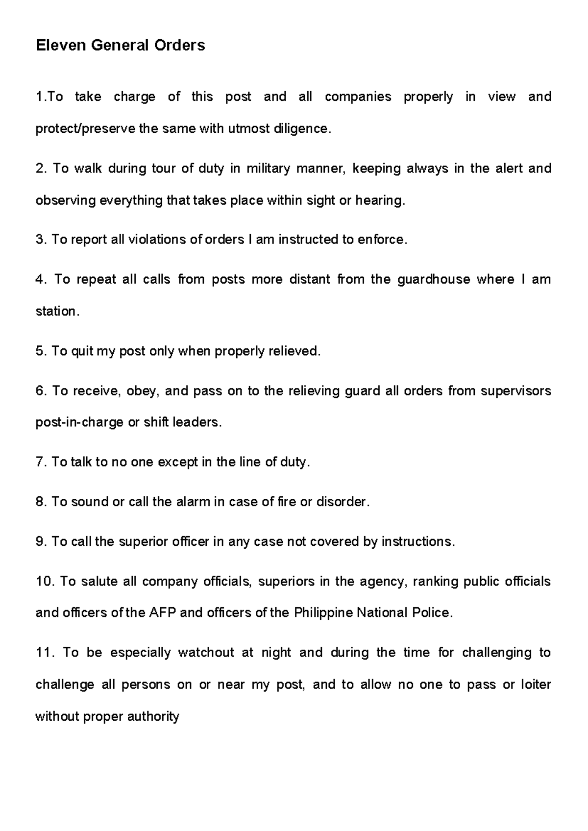 11 General Oeders - Eleven General Orders 1 take charge of this post ...
