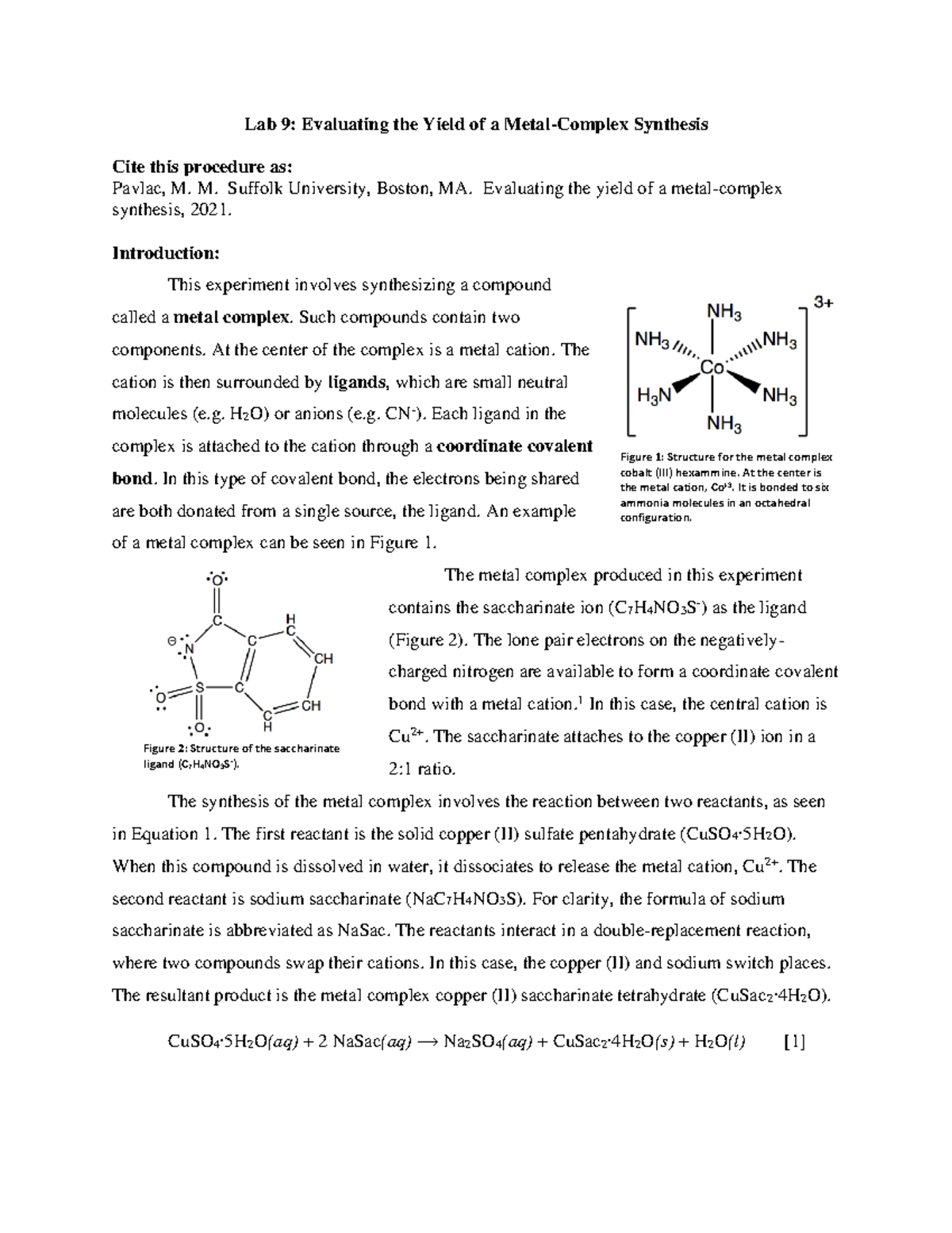 9 Metal Complex Handout F22 - Lab 9: Evaluating the Yield of a Metal ...