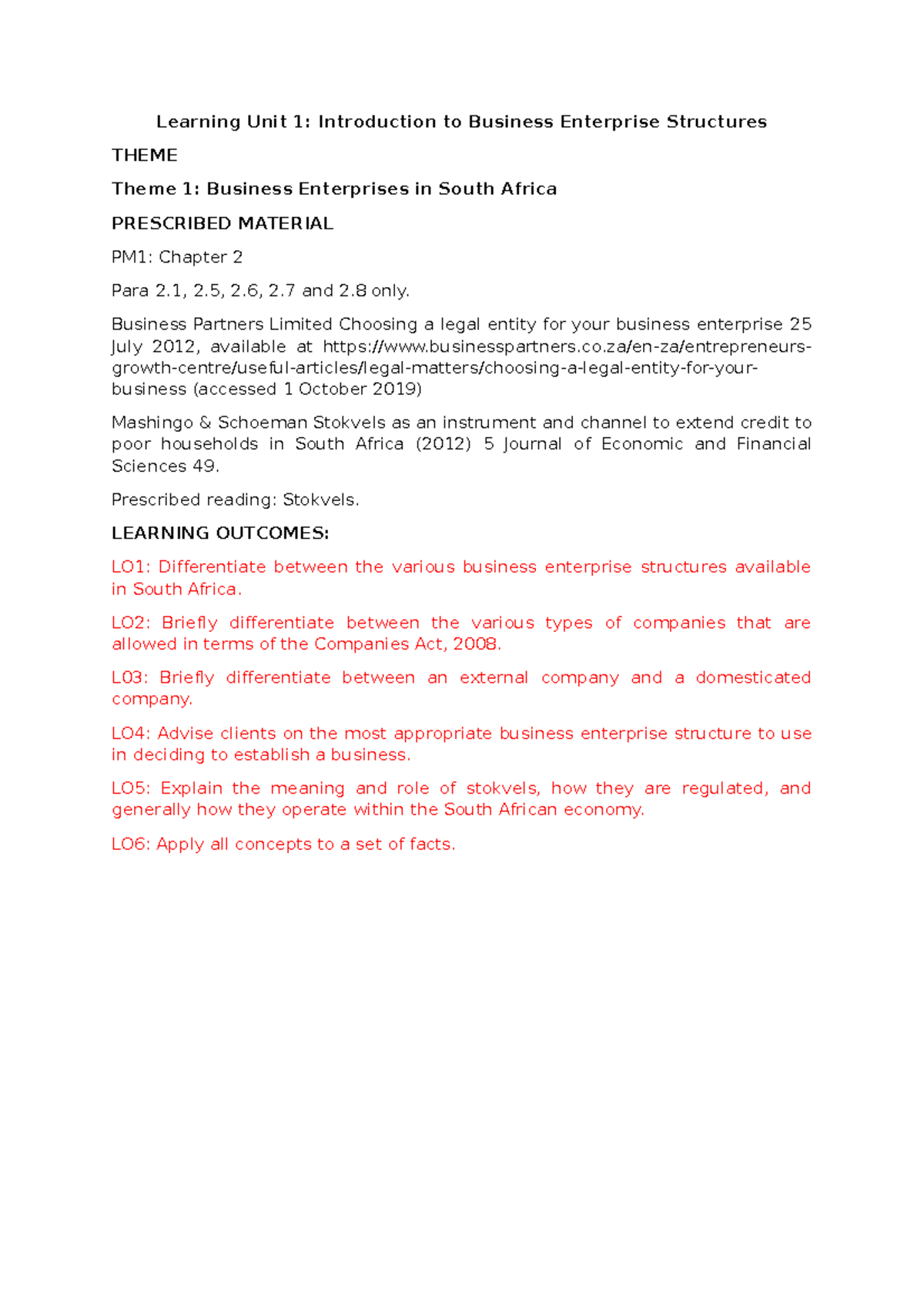 LU1 Theme 1 - go over it - Learning Unit 1: Introduction to Business ...