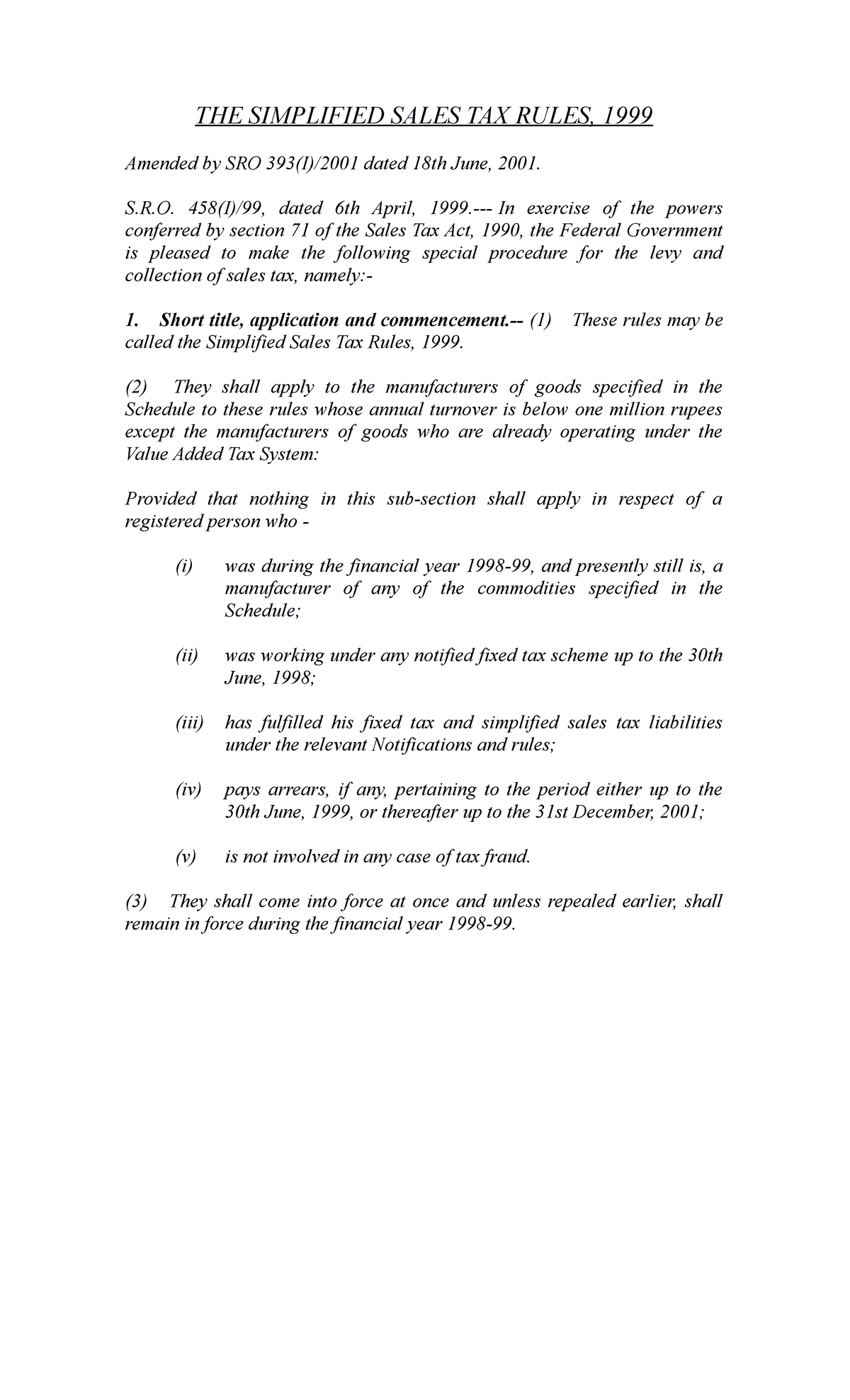 Chem Lecture 28 - very nice - THE SIMPLIFIED SALES TAX RULES, 1999 Amended by SRO 393(I)/2001 ...