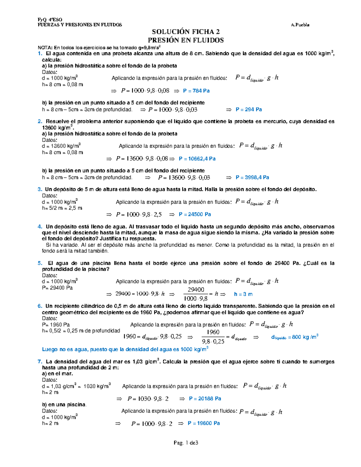 Ficha 2 sol presion en fluidos - FyQ 4ºESO FUERZAS Y PRESIONES EN ...
