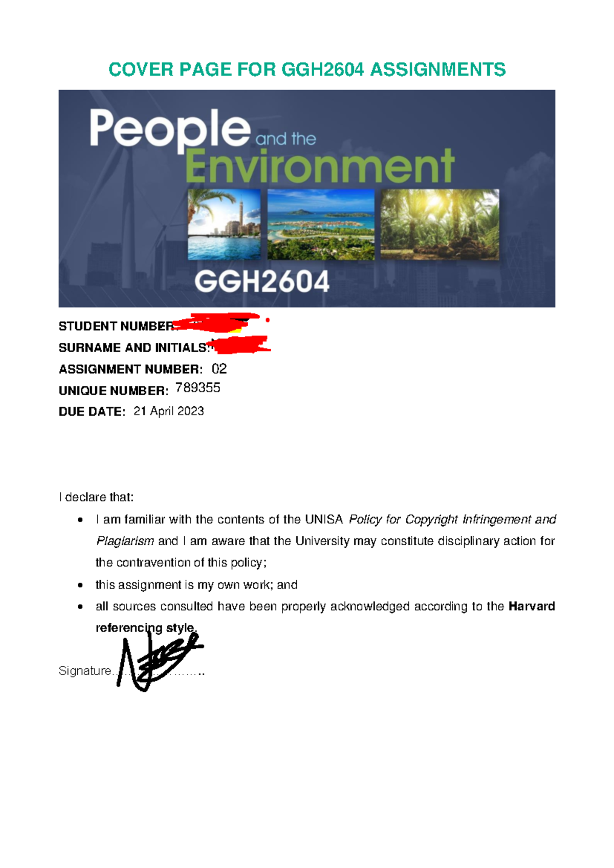 Assignment 02 ggh - COVER PAGE FOR GGH2604 ASSIGNMENTS STUDENT NUMBER ...