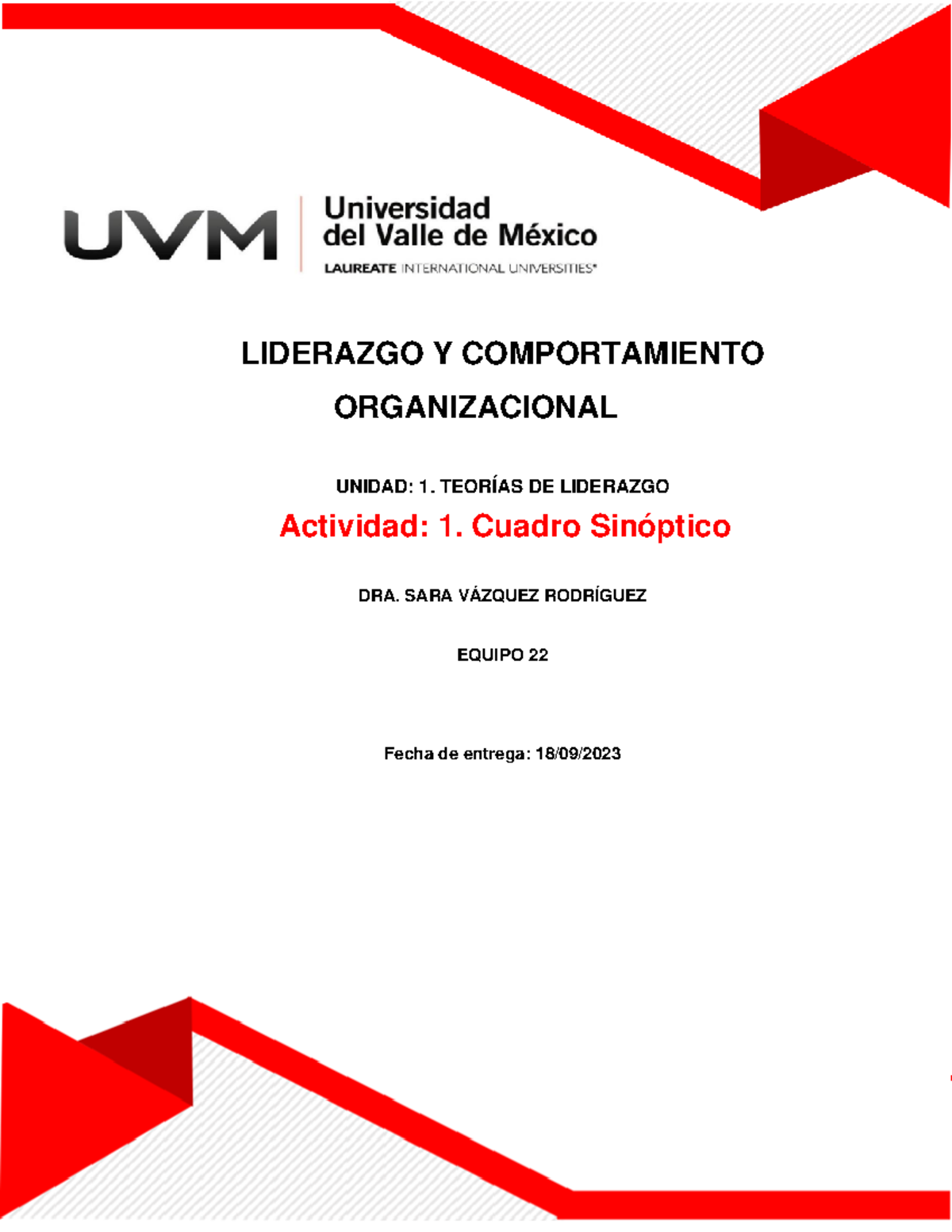 A1 EQ22 - LIDERAZGO Y COMPORTAMIENTO ORGANIZACIONAL UNIDAD: 1. TEORÍAS DE LIDERAZGO Actividad ...
