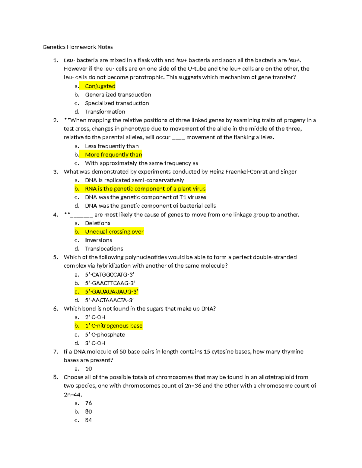 Genetics Homework Notes - Leu- bacteria are mixed in a flask with and ...