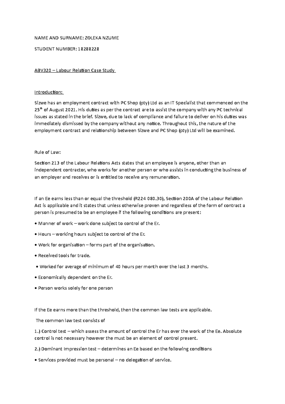 Labour Relation Case Study - NAME AND SURNAME: ZOLEKA NZUME STUDENT ...