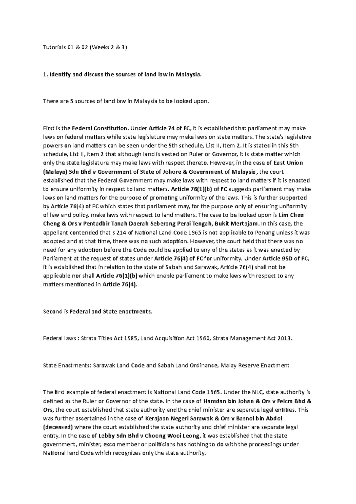 Tutorials 01-land law - for your reference only - Tutorials 01 & 02 (Weeks 2 & 3) Identify - Studocu