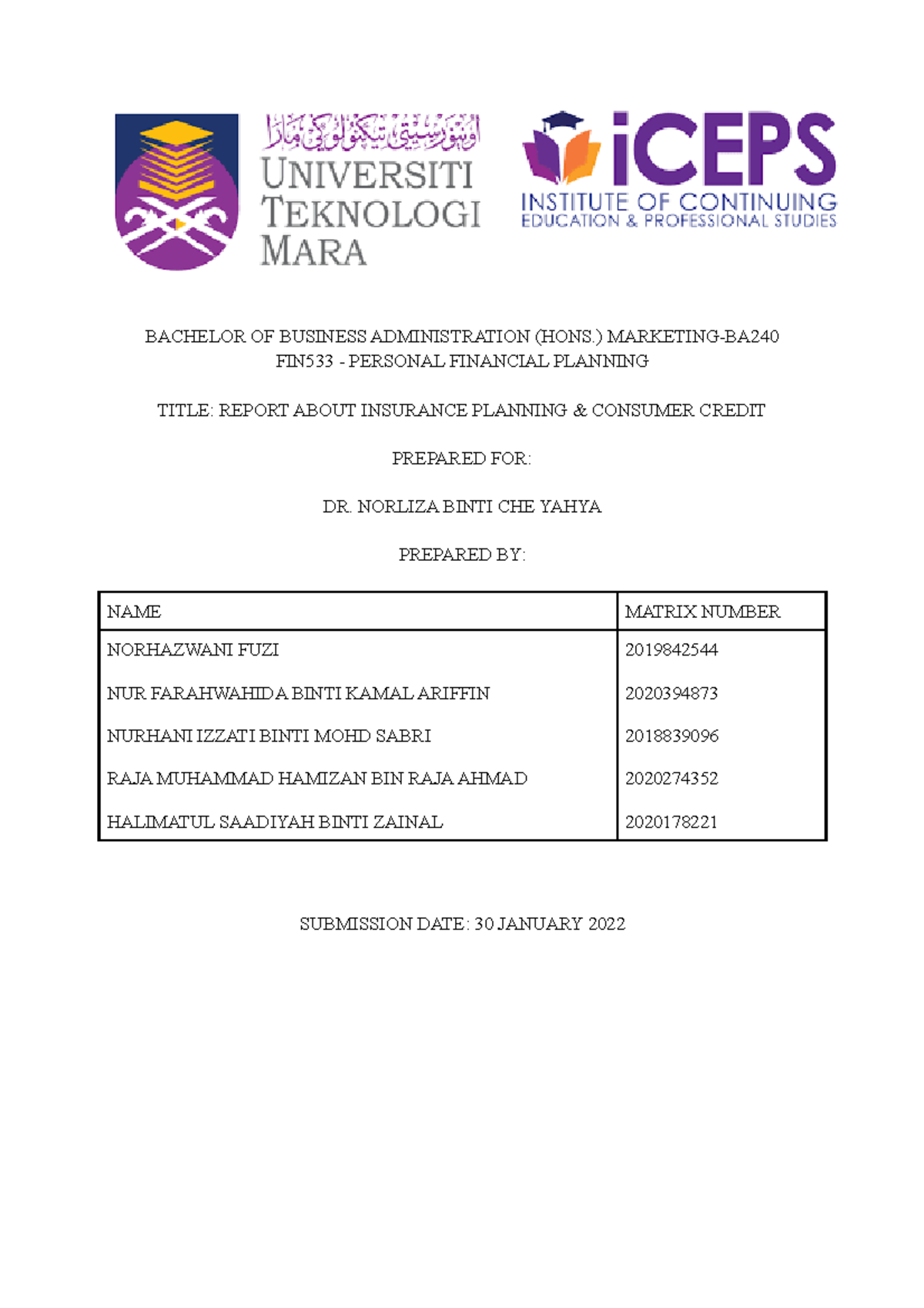 FIN533 October 2021 Group Assignment - Iceps - BACHELOR OF BUSINESS ...