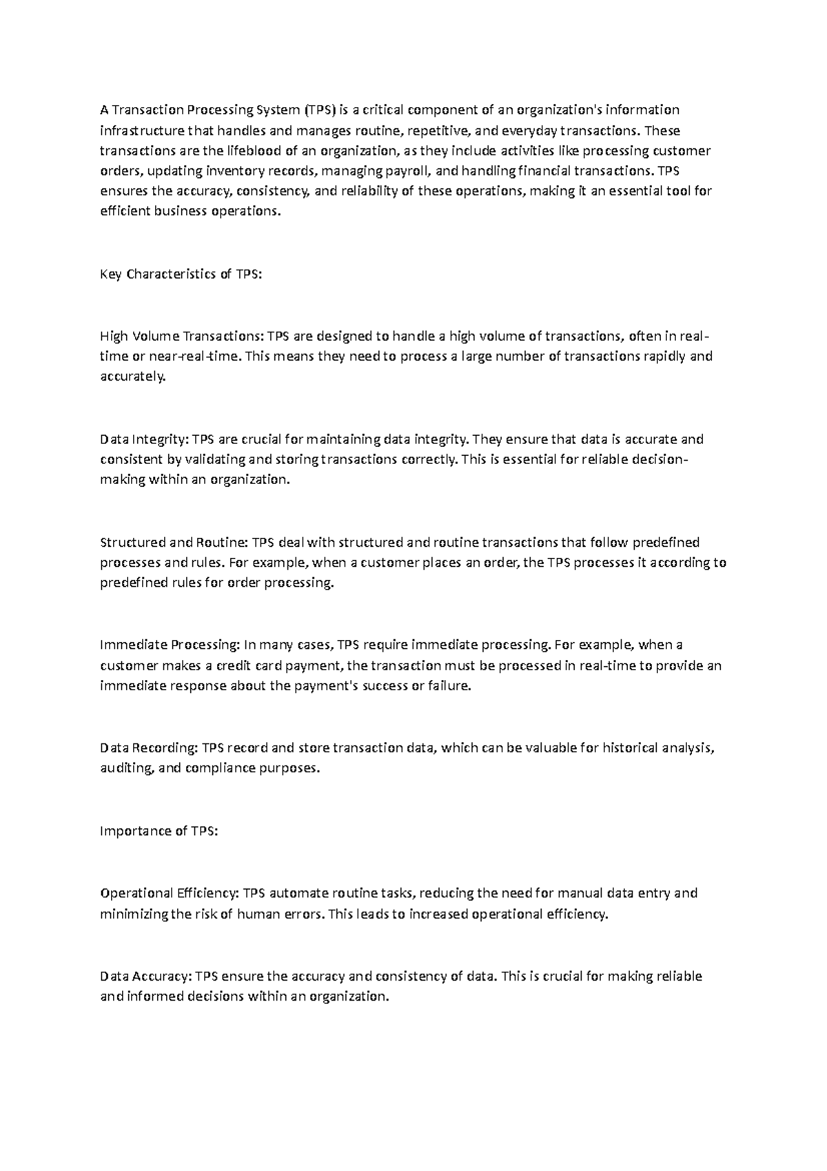 Lecture Notes 3 - A Transaction Processing System (TPS) is a critical ...