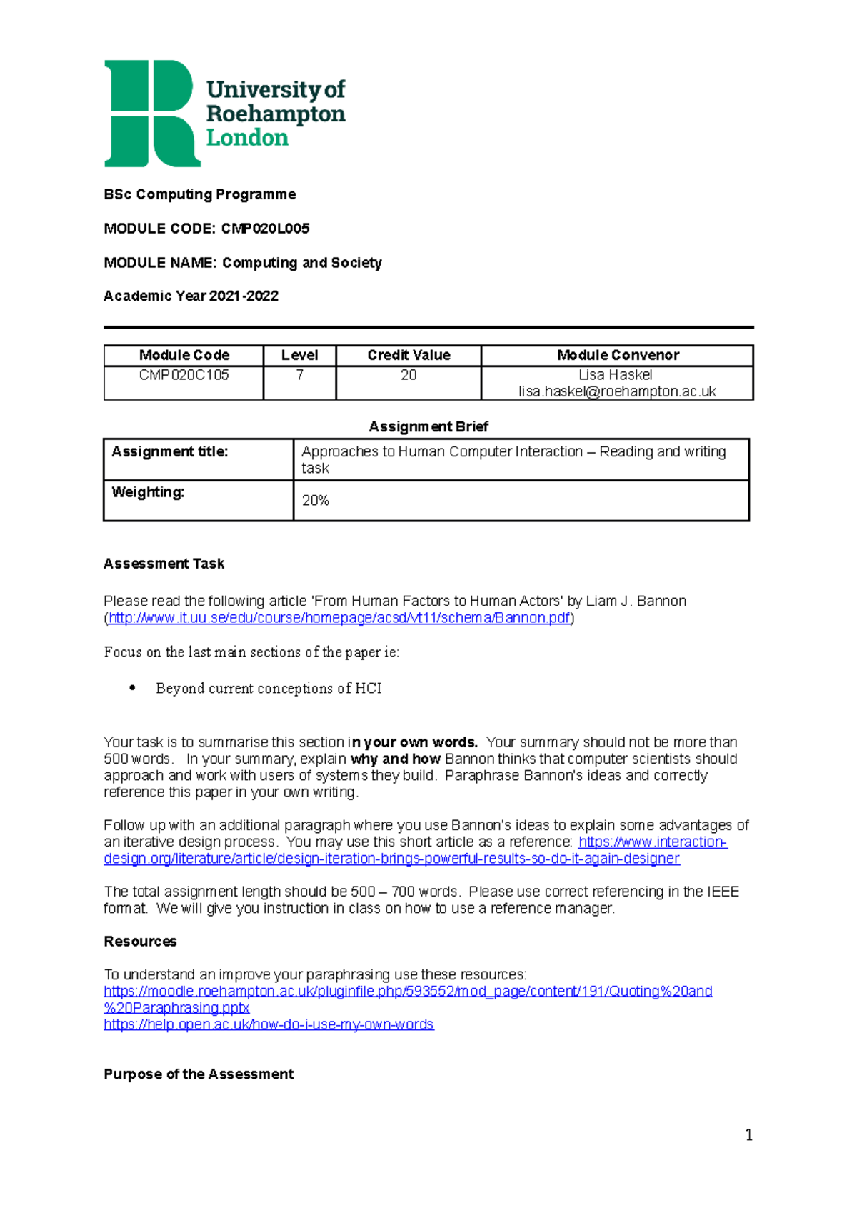 Assignment-brief - BSc Computing Programme MODULE CODE: CMP020L MODULE ...